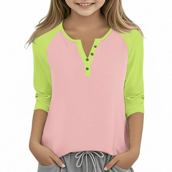 biudgviw Boys Girls 3/4 Sleeve Tops Color Block Button V Neck Tunic ...