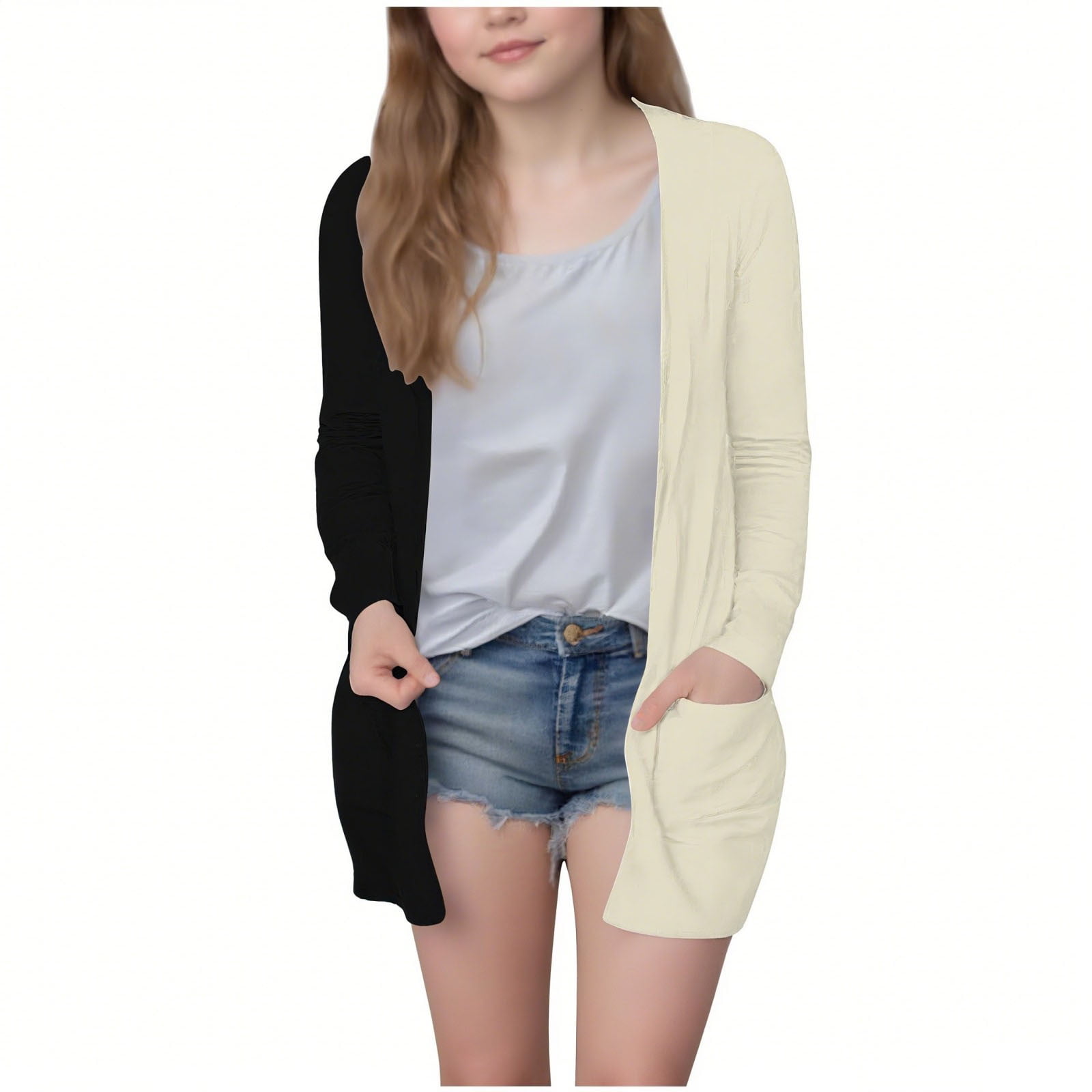 biudgviw Cardigan for Girls Color Block Open Front Long Sleeve Shirts ...