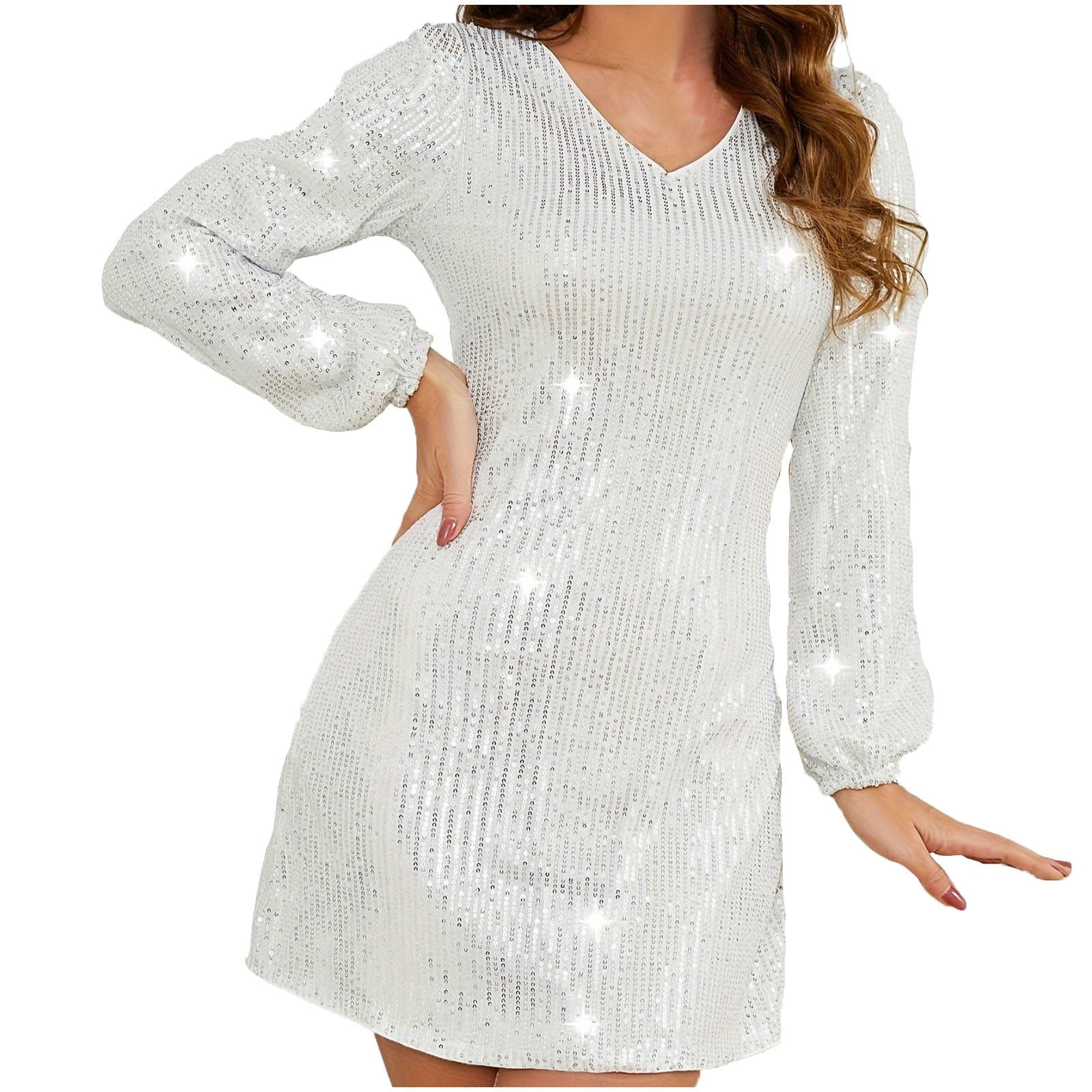 biudgviw Cocktail Dresses for Women Sequin Long Sleeve V Neck Mini ...