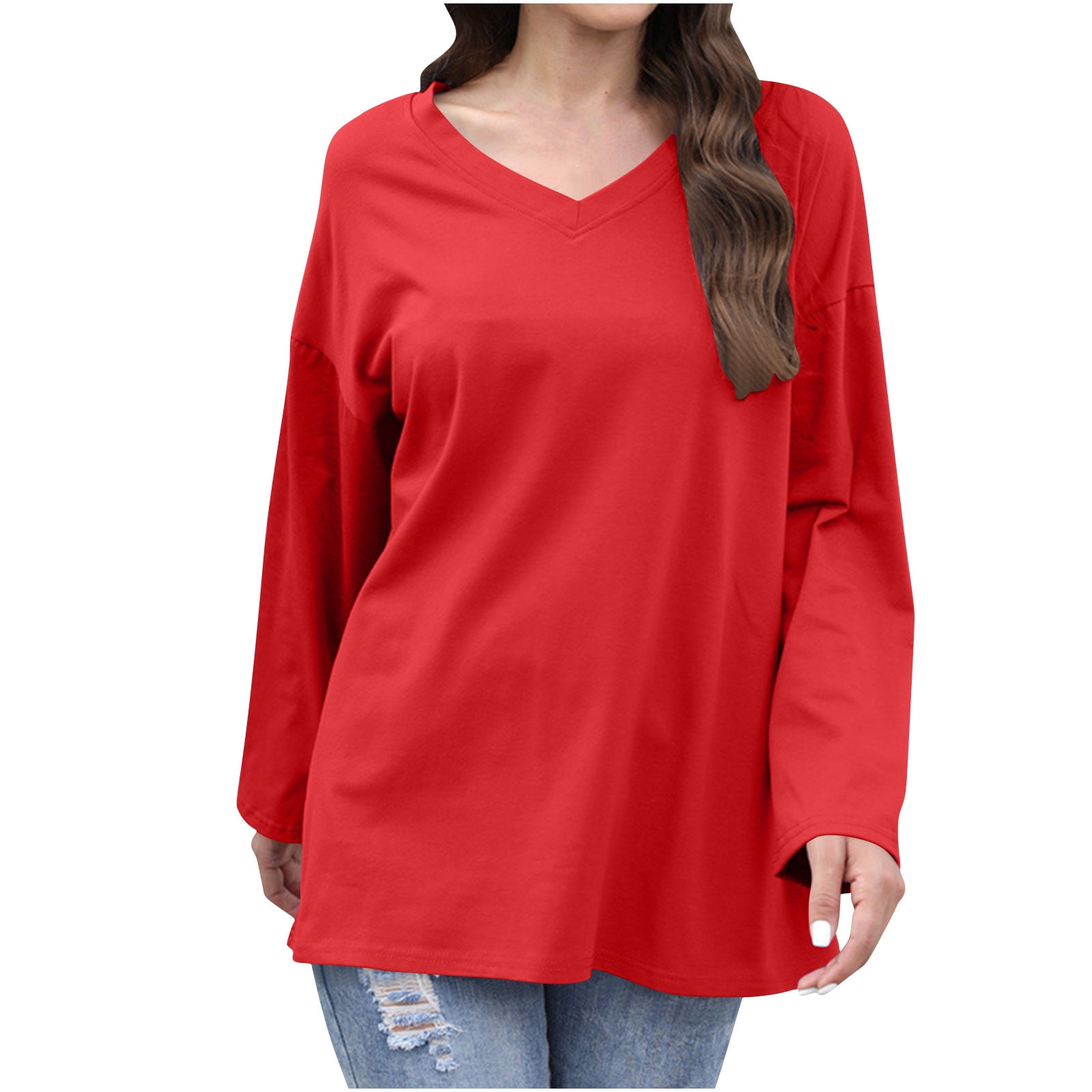 biudgviw Cotton Shirts for Women Drop Shoulder V Neck Basic Tees ...