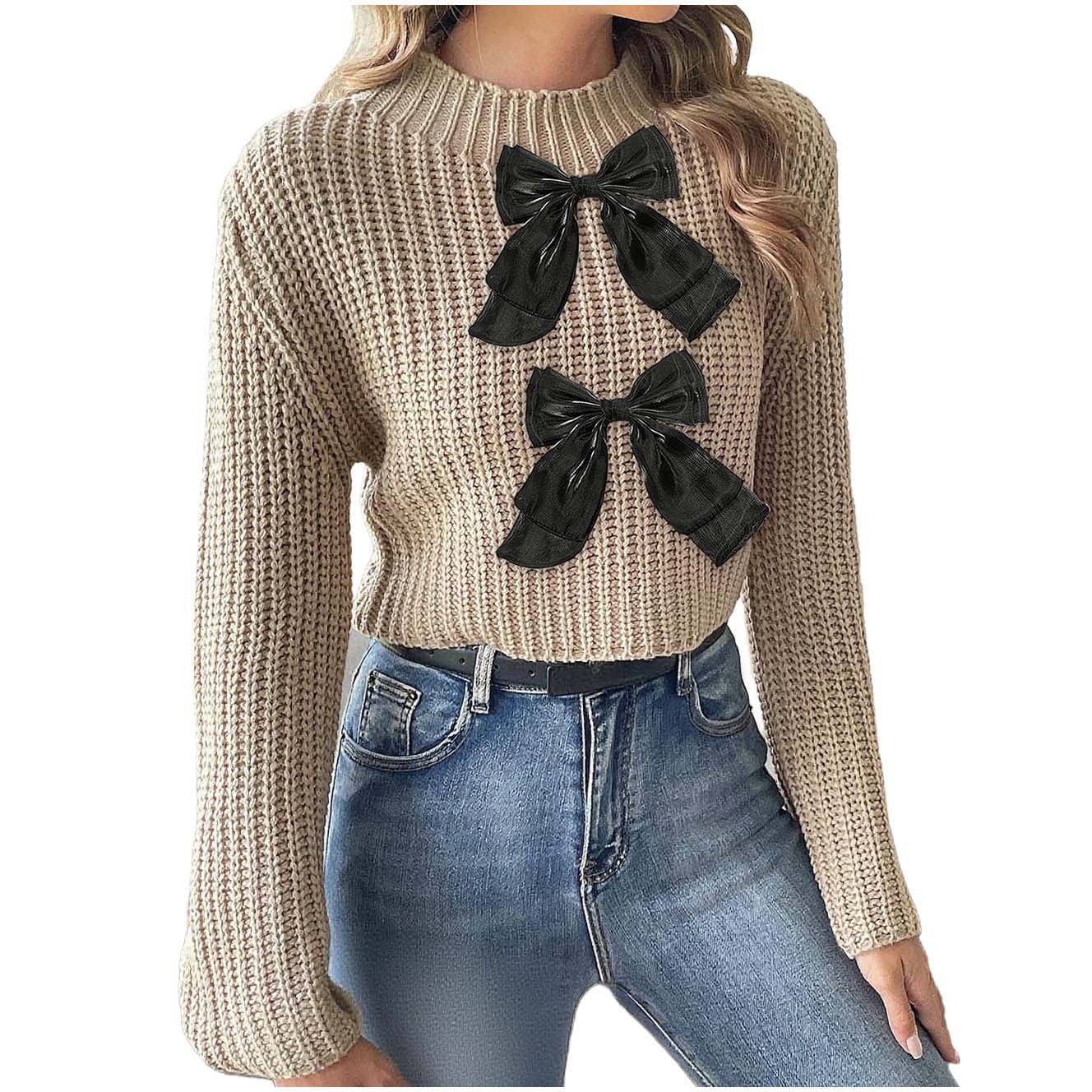 biudgviw Crop Sweater for Women Bow Tie Front Bell Sleeve Pullover ...