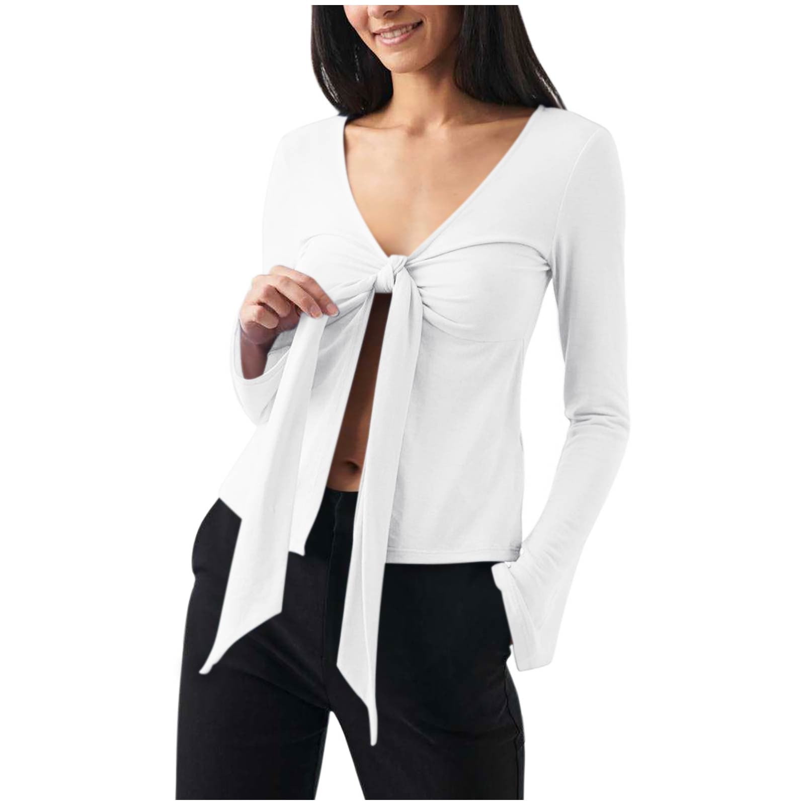 biudgviw Cute Tops for Women V Neck Front Tie Knot Going out Shirts ...