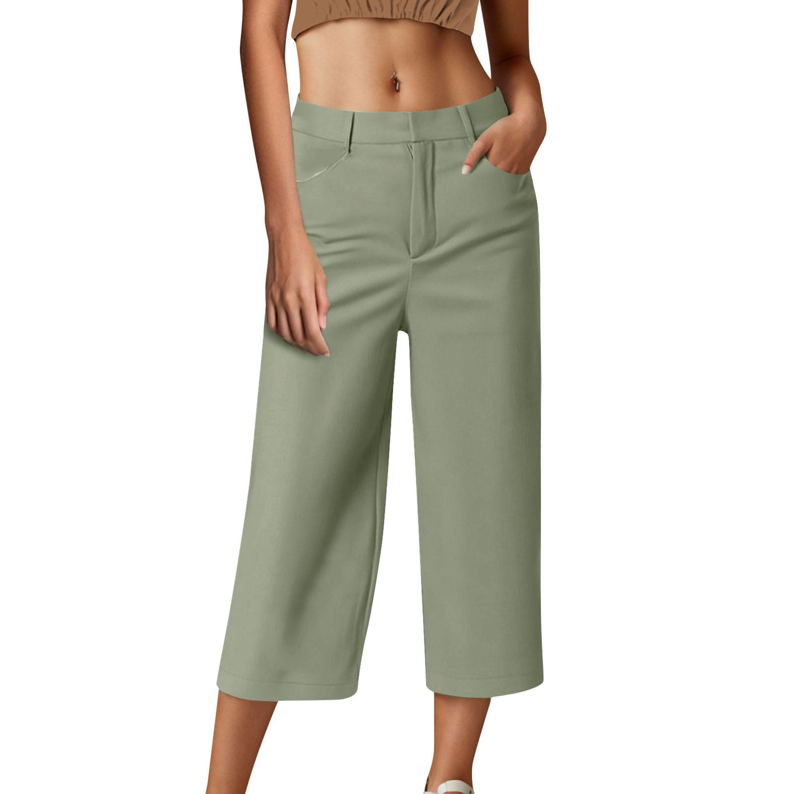 biudgviw Dress Pants for Women Pull on Mid Rise Wide Leg Capri Pants ...