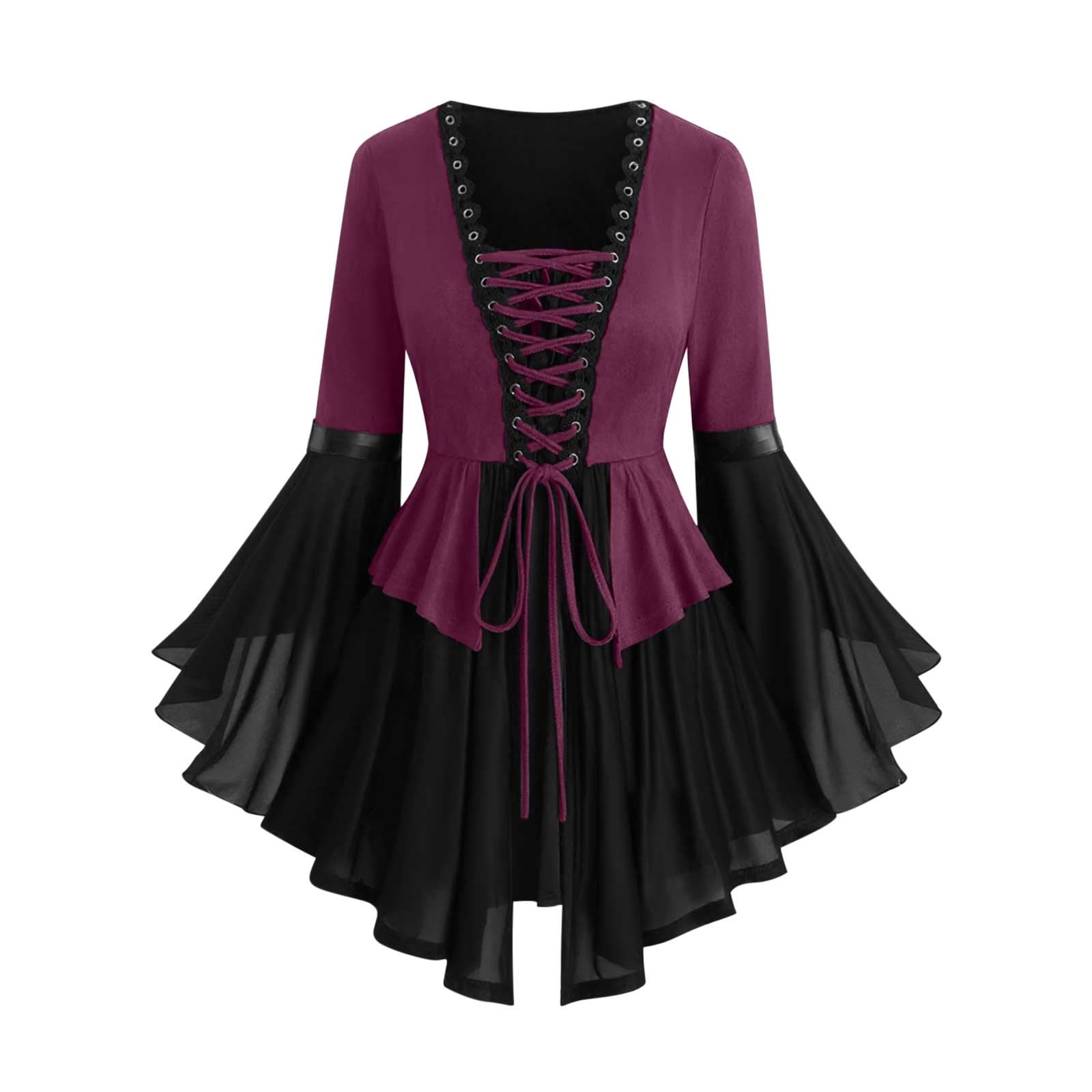 biudgviw Dresses for Women Patchwork Lace Flare Sleeve Chiffon Tops ...