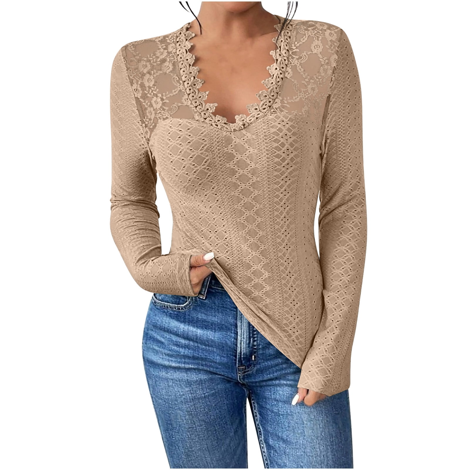 biudgviw Eyelet Tops for Women Long Sleeve Lace Embroidery V Neck Going ...