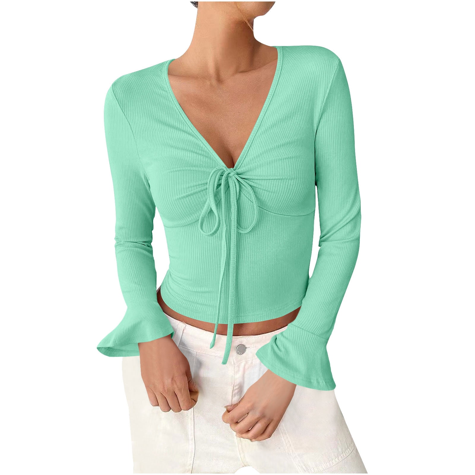 biudgviw Fall Shirts for Women Twisted Front Knot Deep V Neck Cute Tops ...