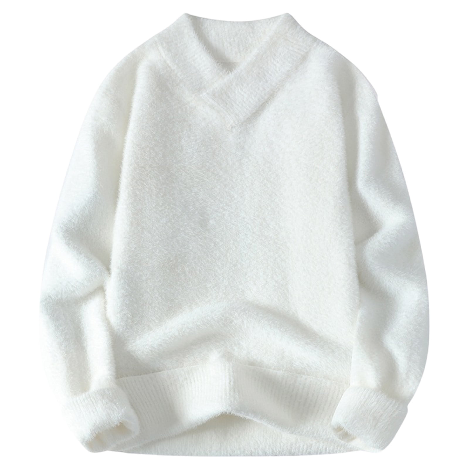 biudgviw Fuzzy Sweaters for Men Warm V Neck Solid Color Knitted ...
