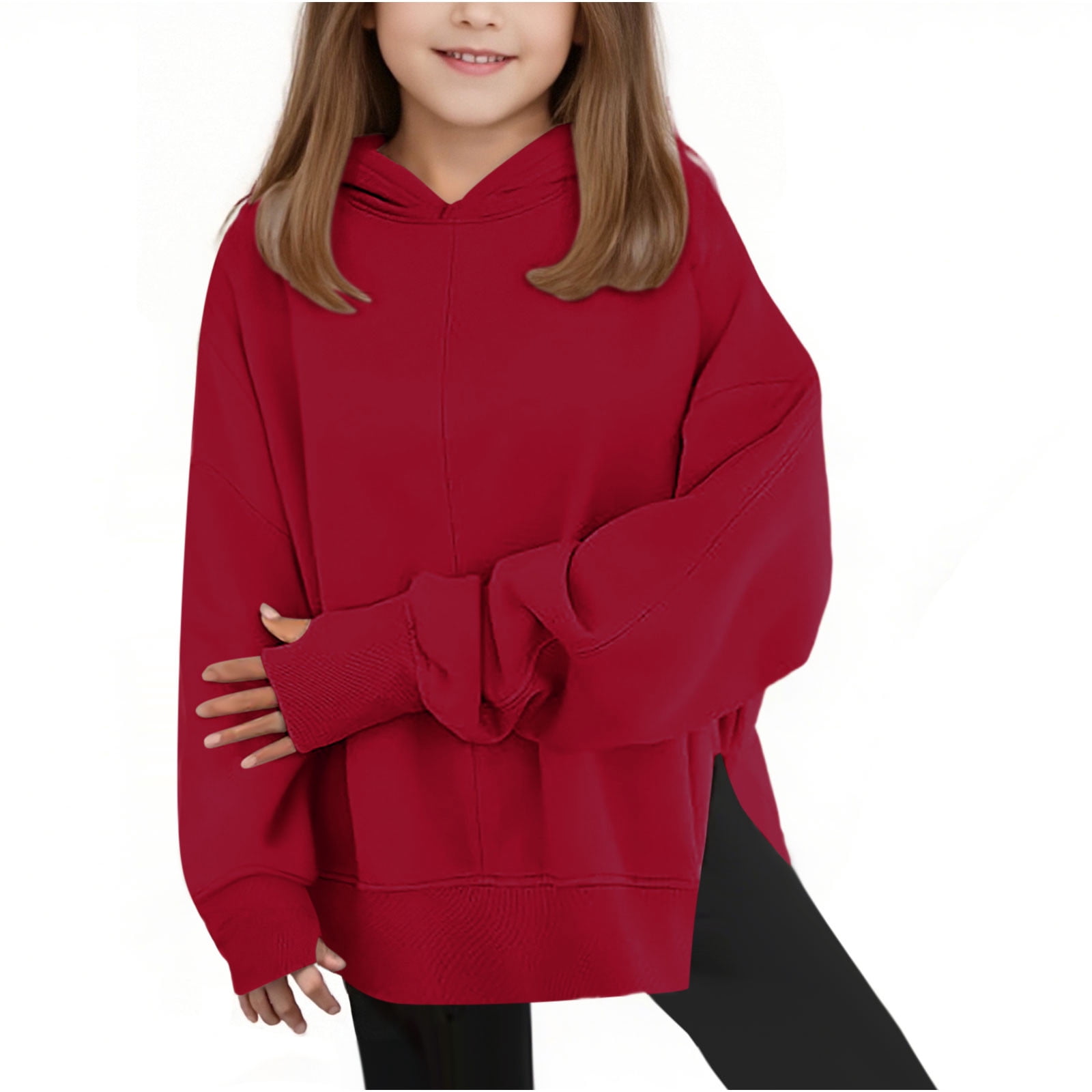 biudgviw Girls Hoodies Side Split Long Sleeve Cute Sweatshirt Casual ...