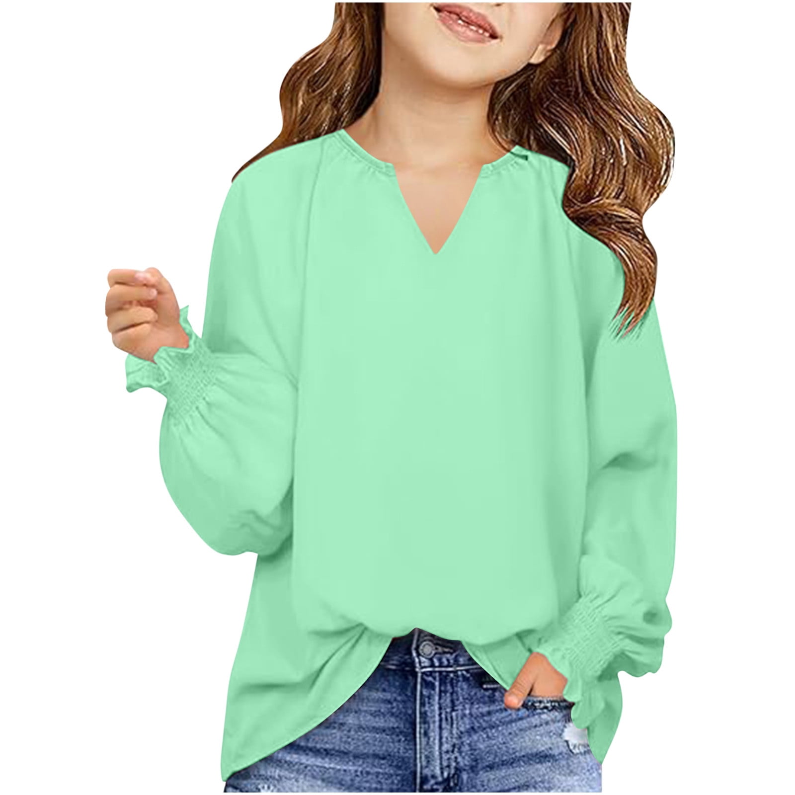 biudgviw Girls Long Sleeve Shirts Kids V Neck Casual Blouses ...