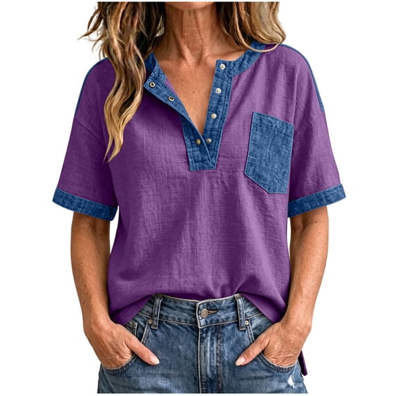 biudgviw Henley Shirts for Women Color Block Short Sleeve Tops Denim ...