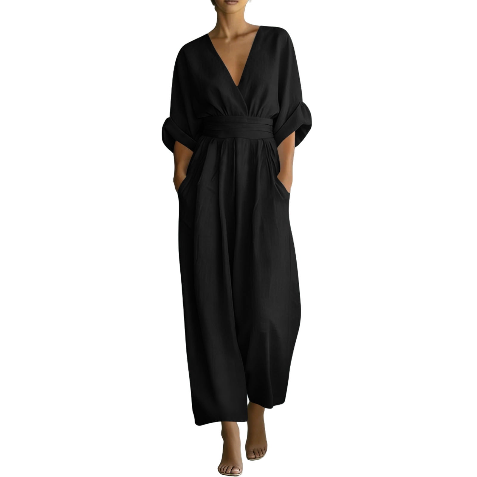 biudgviw Jumpsuits for Women Casual V Neck Half Sleeve Overalls High ...