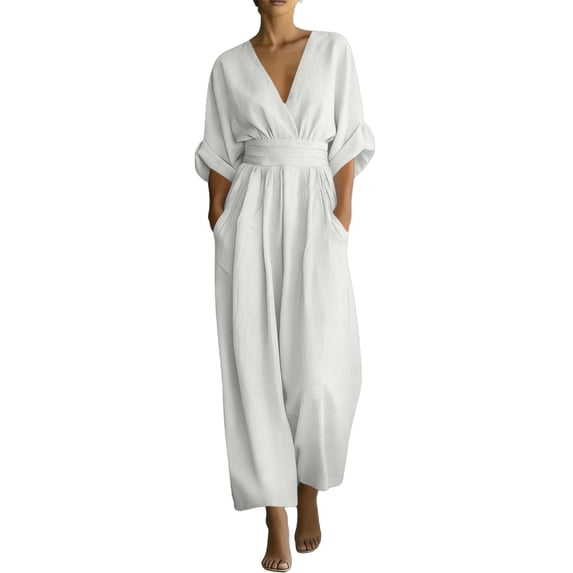 biudgviw Jumpsuits for Women Casual V Neck Half Sleeve Overalls High ...