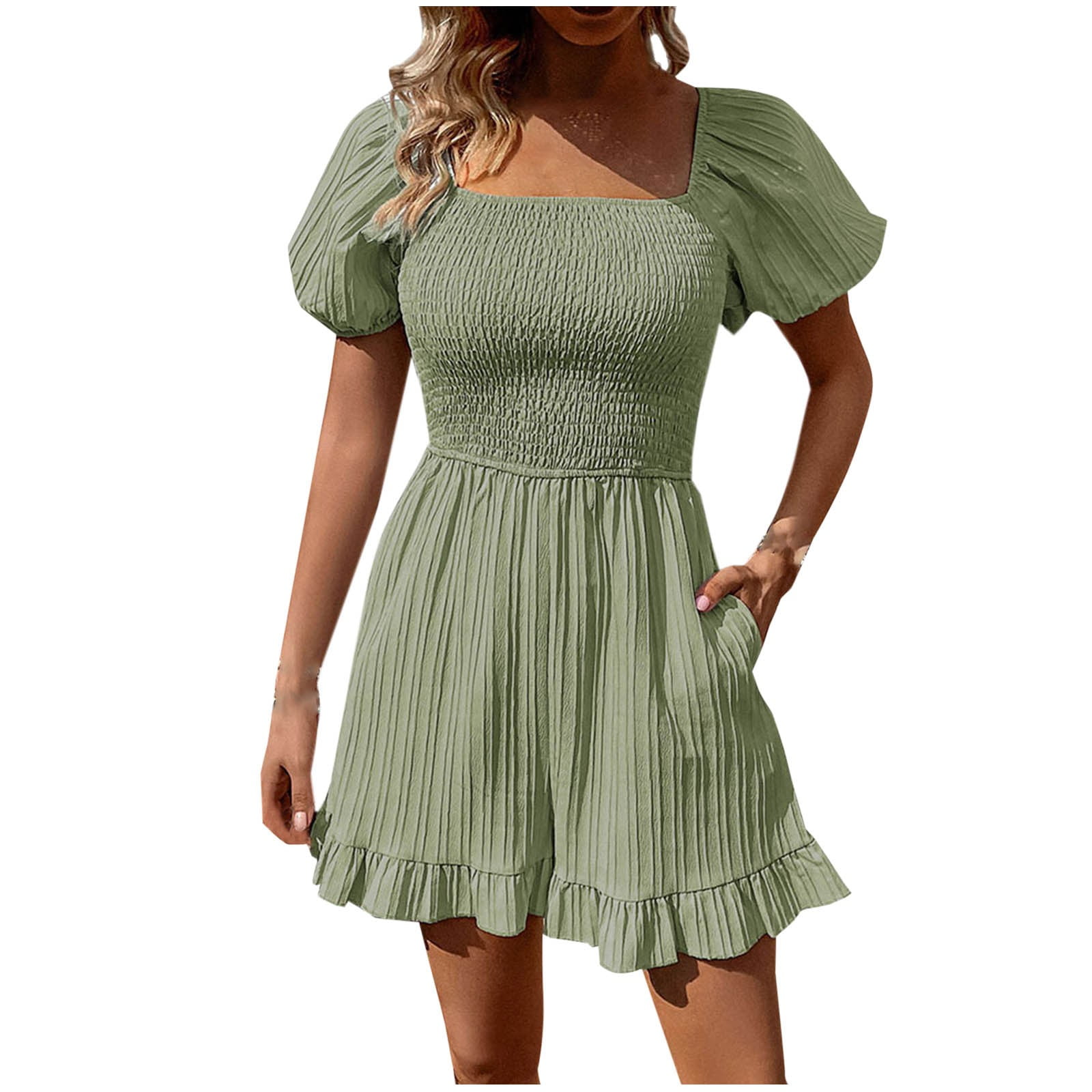 biudgviw Jumpsuits for Women Ruffle Sleeves Square Neck Short Rompers ...