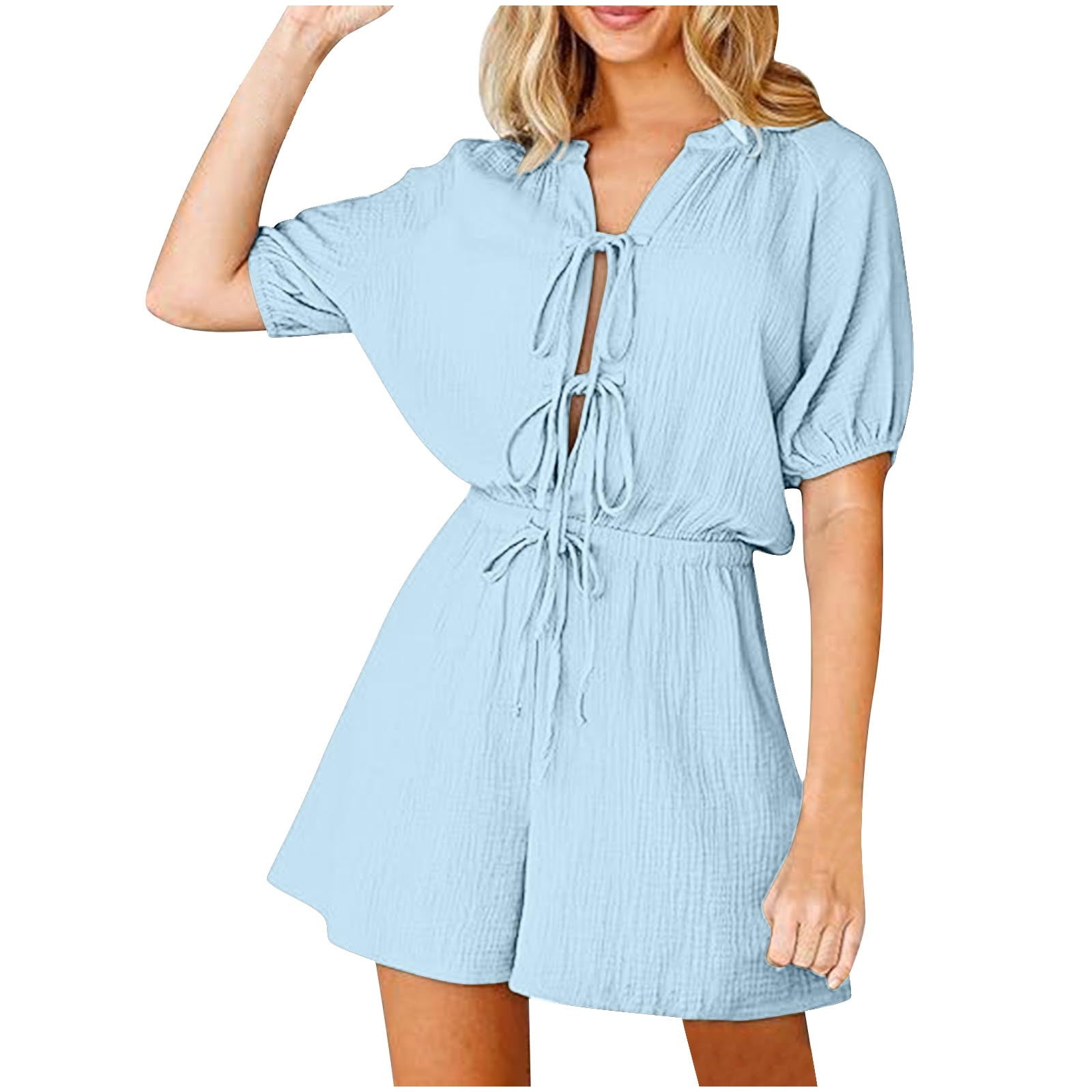 biudgviw Jumpsuits for Women U Neck Short Sleeve Front Tie Knot Rompers ...