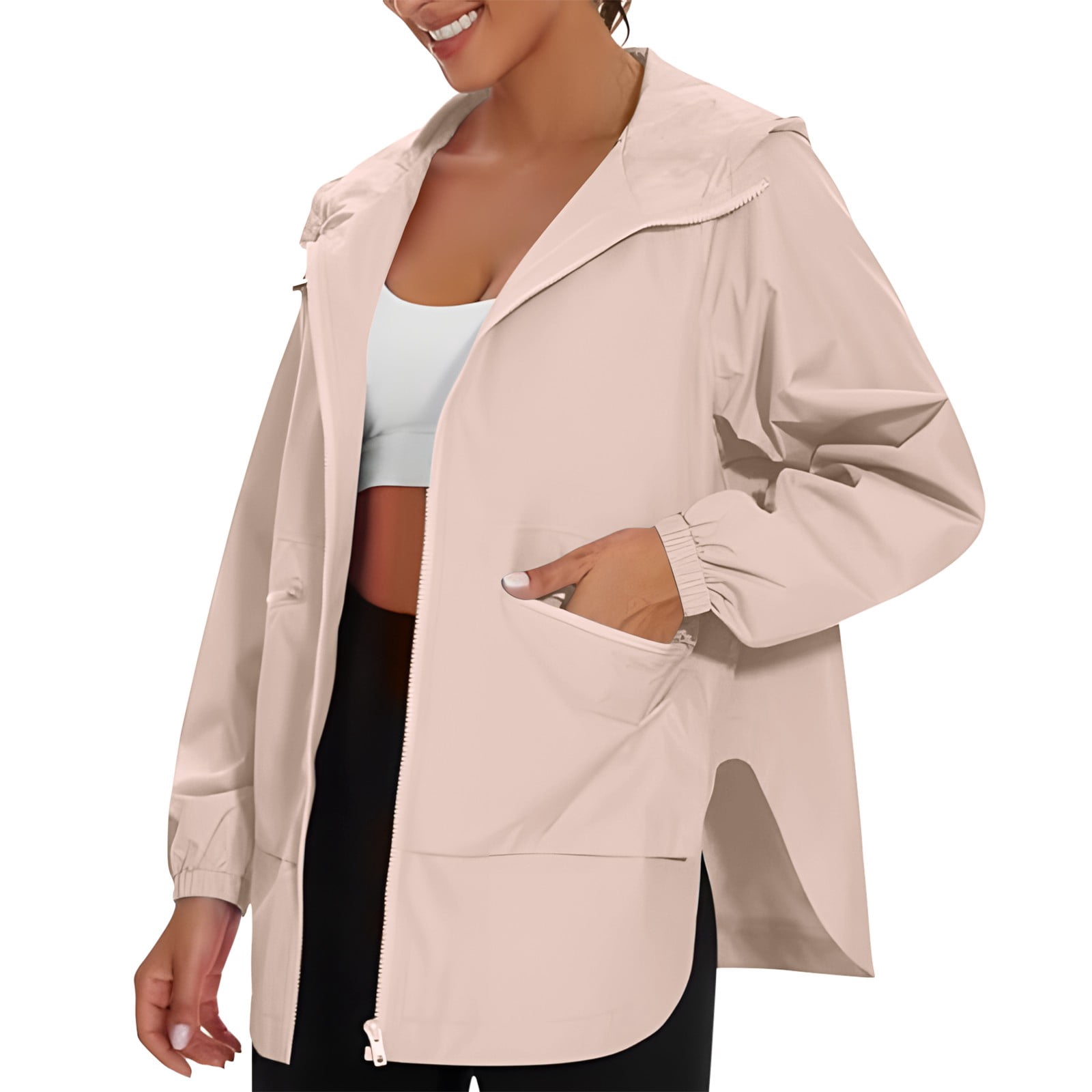 biudgviw Lightweight Rain Jacket Women Zip Up Side Split Hooded ...