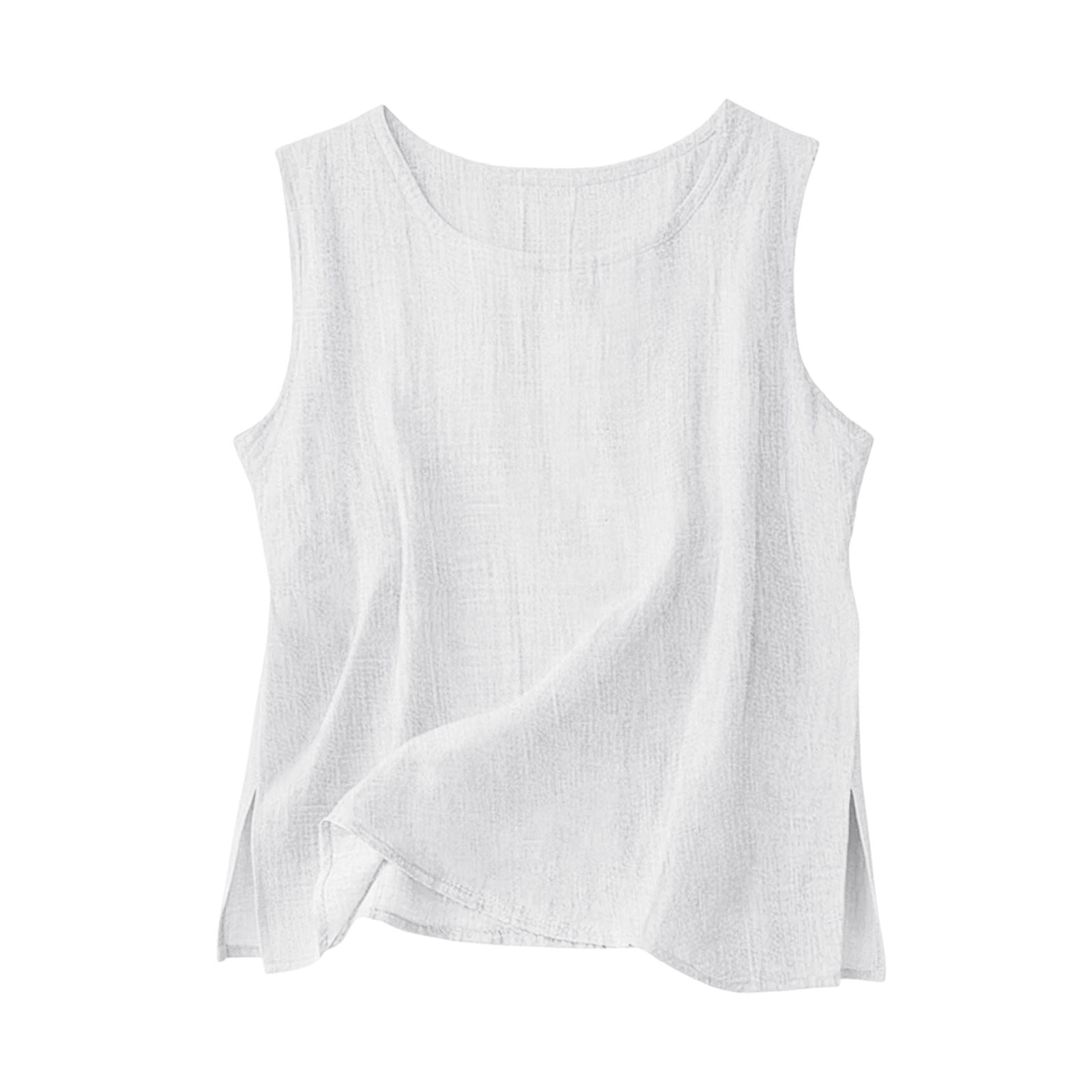 biudgviw Linen Tank Tops for Women Crewneck Sleeveless T-Shirt Side ...