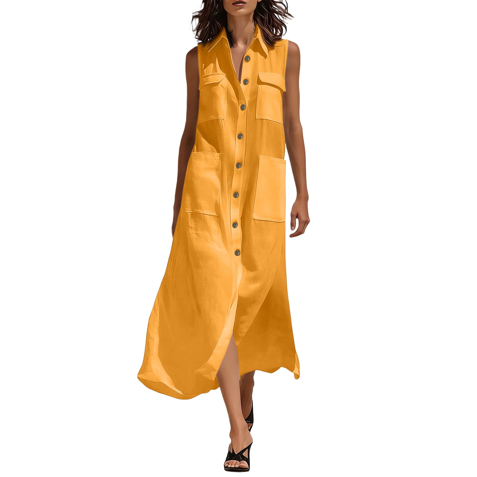biudgviw Long Dresses for Women Casual Button Down Sleeveless Dress ...