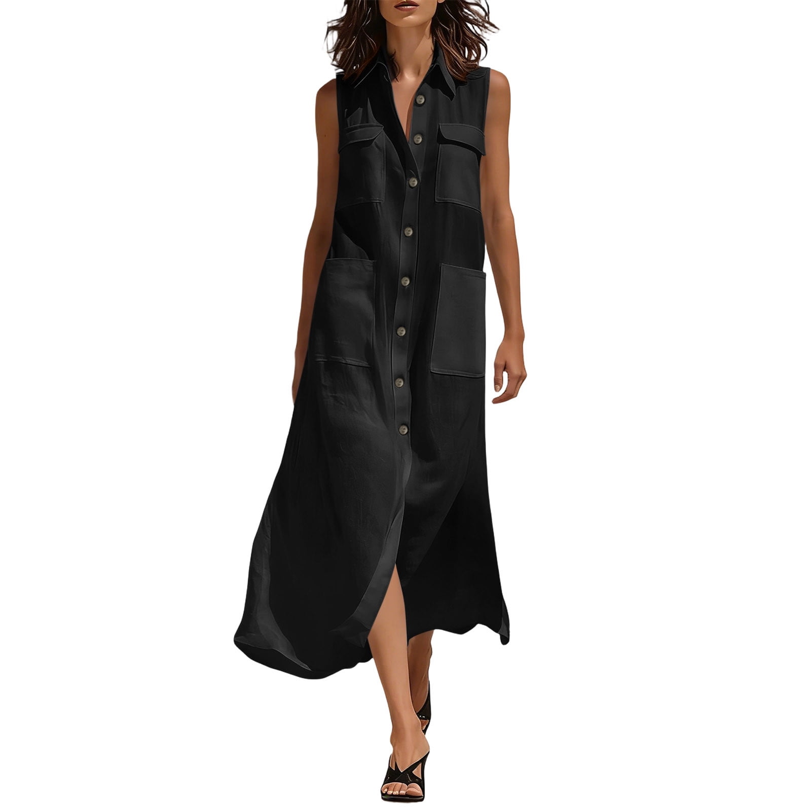 biudgviw Long Dresses for Women Casual Button Down Sleeveless Dress ...