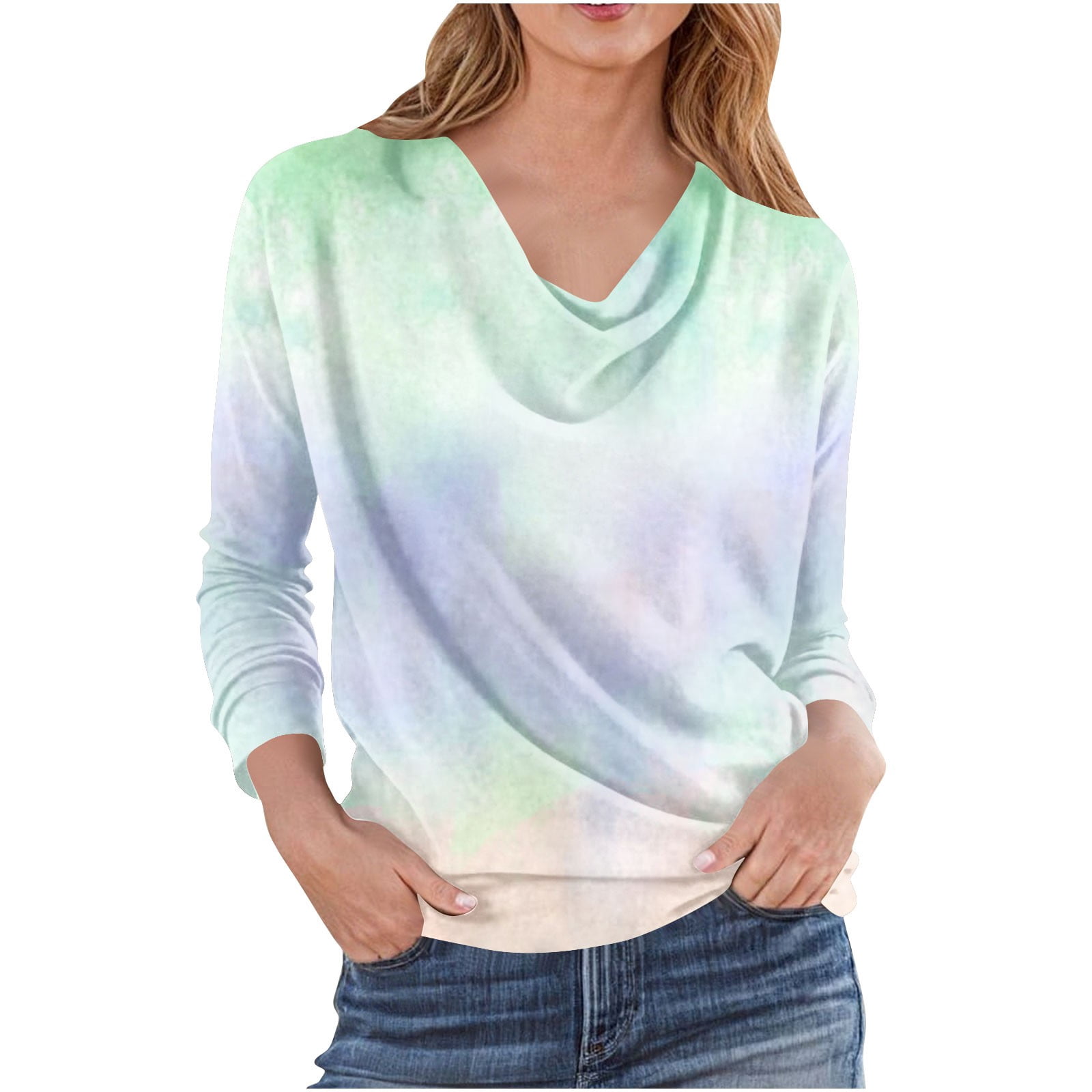 biudgviw Long Sleeve Shirts for Women Cowl Neck Pleated Tops Casual ...