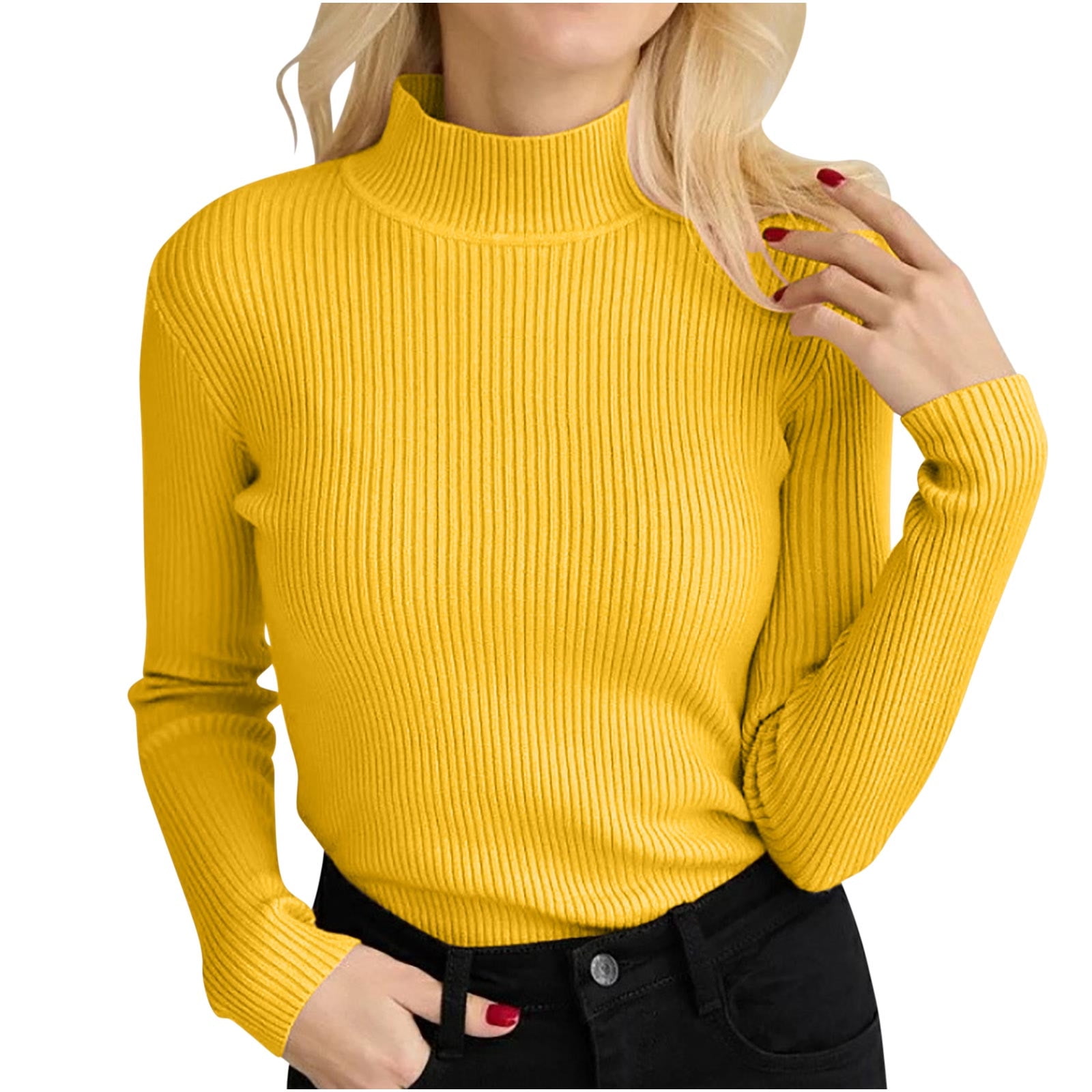 biudgviw Long Sleeve Sweater for Women Knitted Long Sleeve High Neck ...