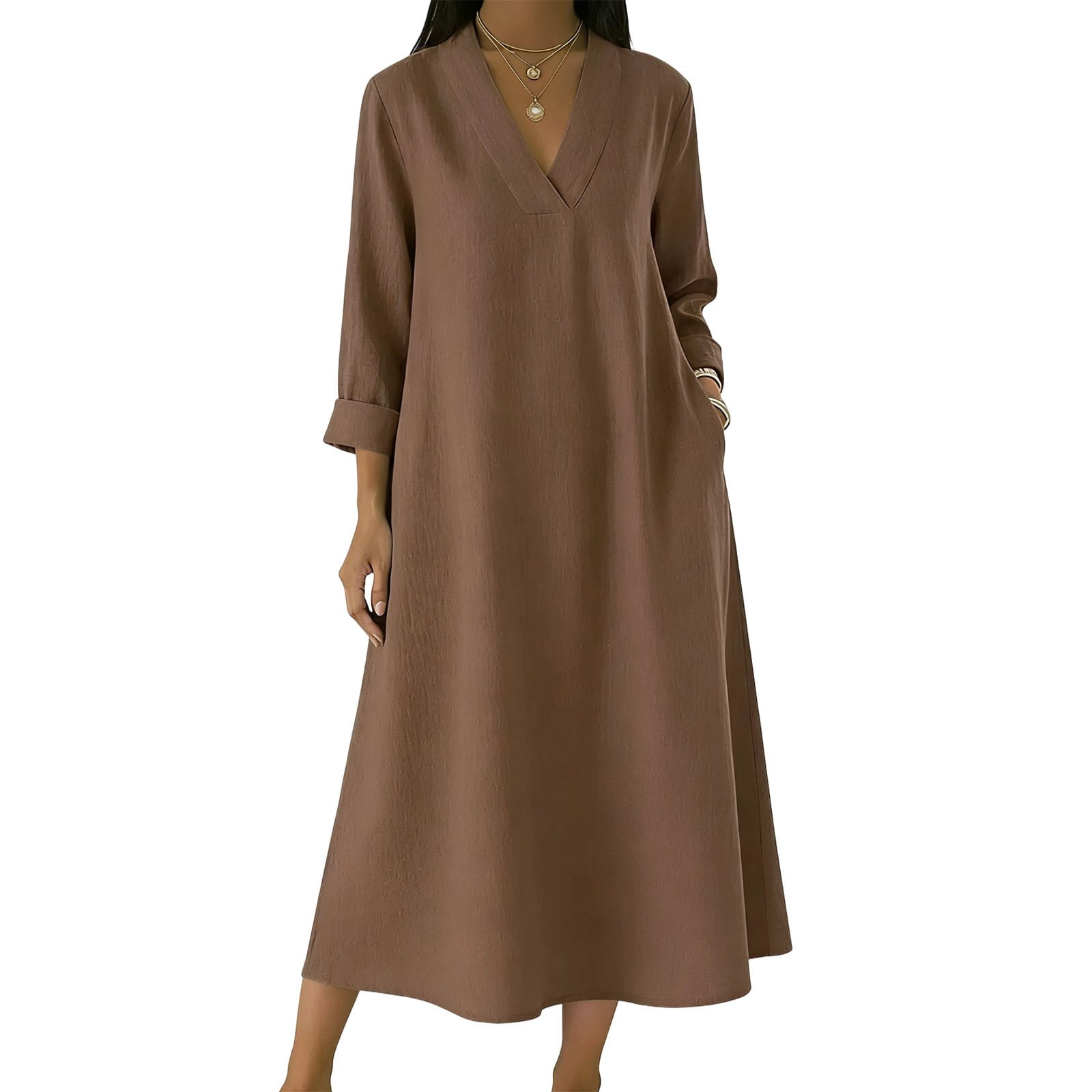 biudgviw Maxi Dresses for Women Casual Loose Flowy Dress 3/4 Sleeve V ...