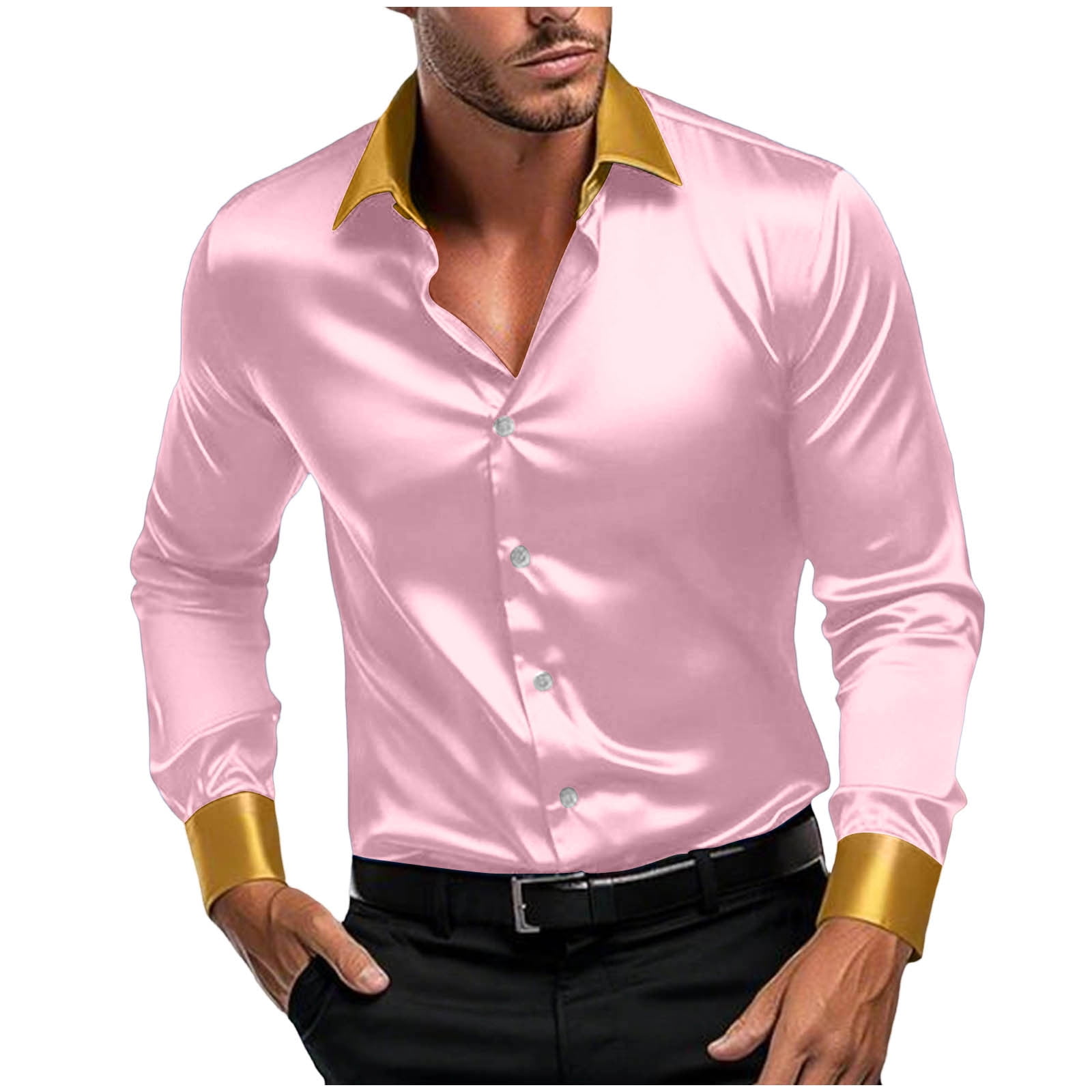 biudgviw Men's Silk Satin Dress Shirts Vintage Lapel Long Sleeve Tops ...