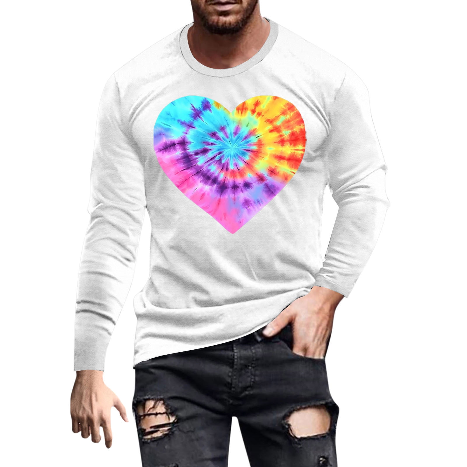 biudgviw Men's Valentines Day Shirt Heart Print Tie Dye Long Sleeve ...