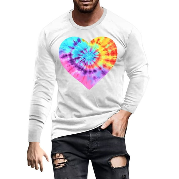 biudgviw Men's Valentines Day Shirt Heart Print Tie Dye Long Sleeve ...