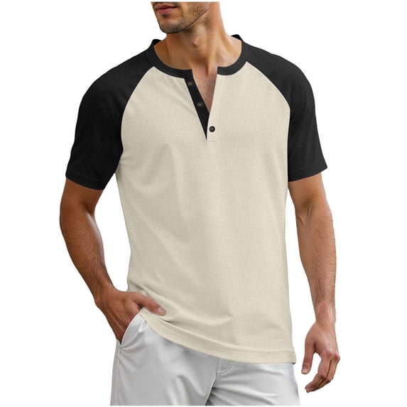 biudgviw Mens Henley Shirts Color Block Casual Textured Button T-Shirt ...