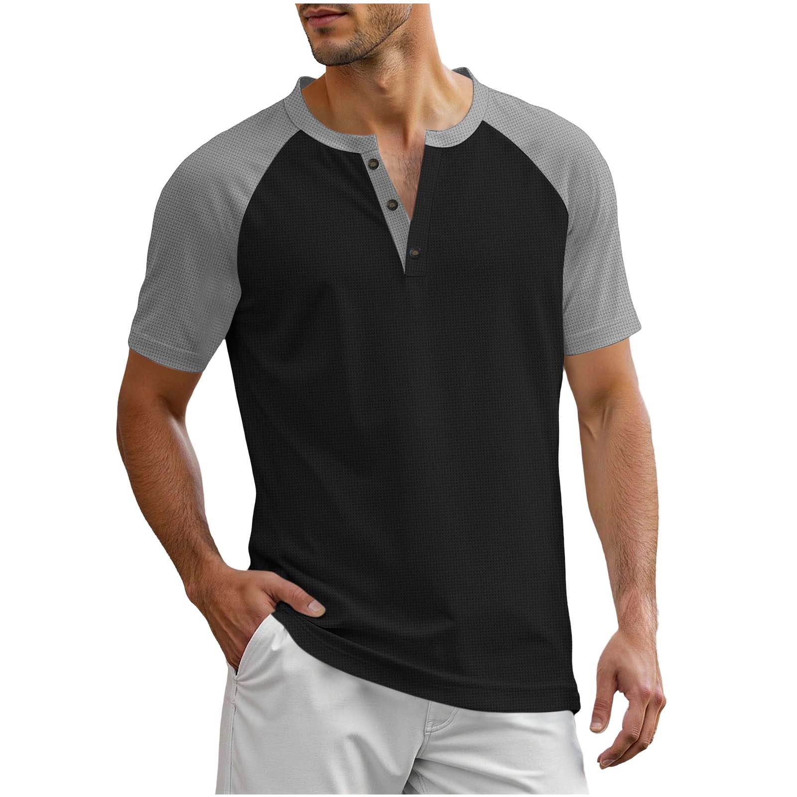 biudgviw Mens Henley Shirts Color Block Casual Textured Button T-Shirt ...