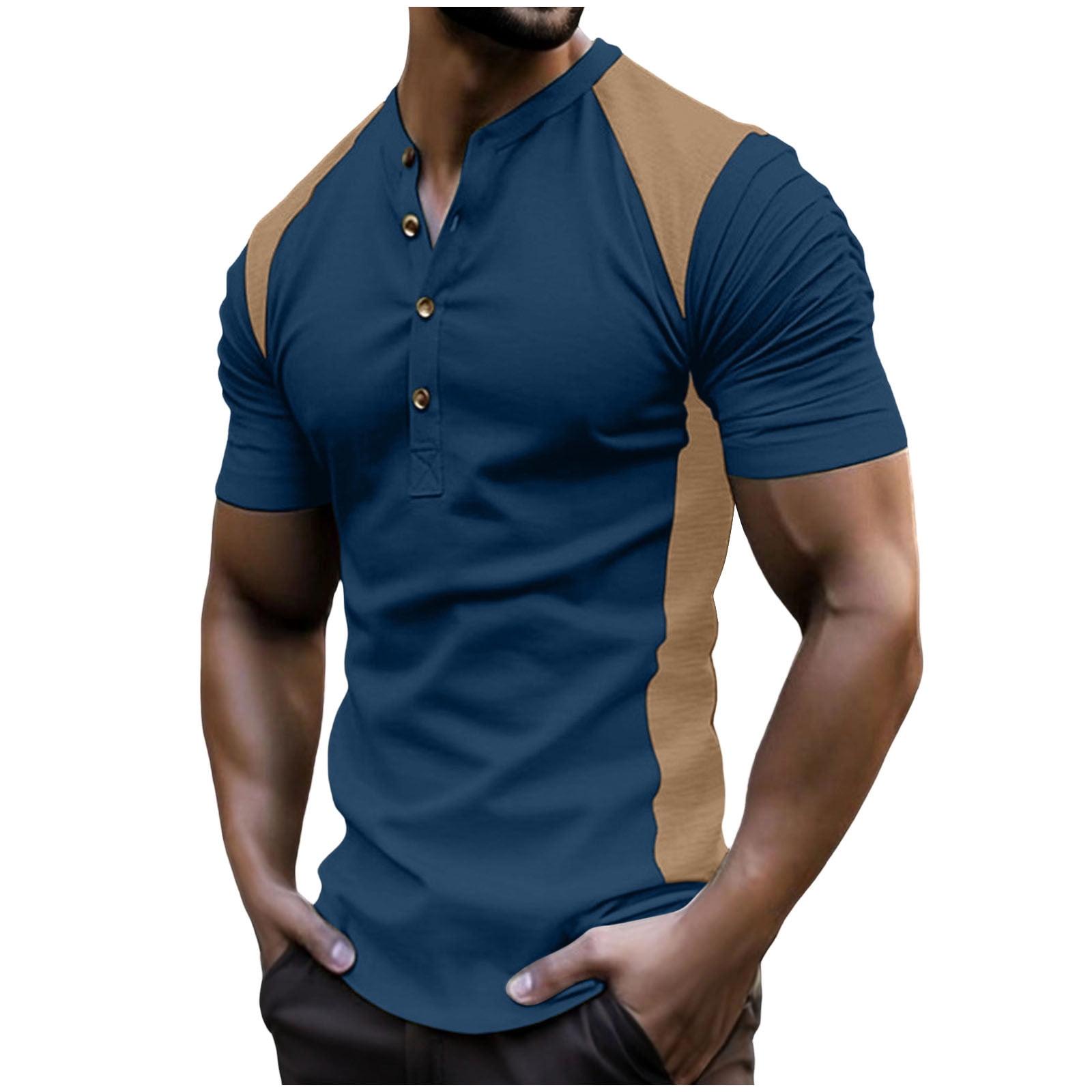 biudgviw Mens Henley Shirts Color Block Short Sleeve Button T-Shirt ...