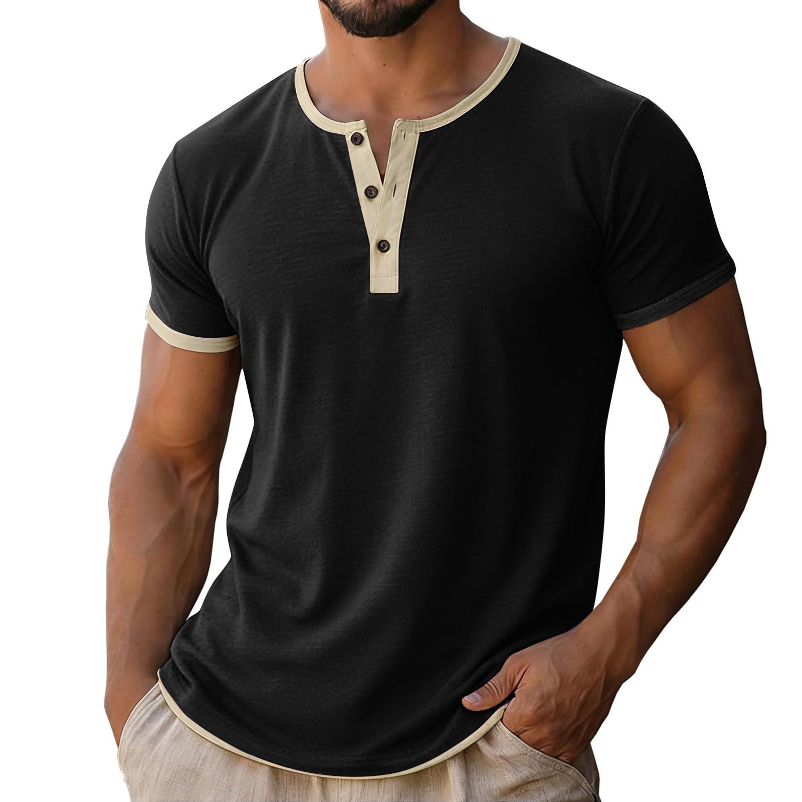biudgviw Mens Henley T-Shirts Color Block Short Sleeve Shirts Classic ...