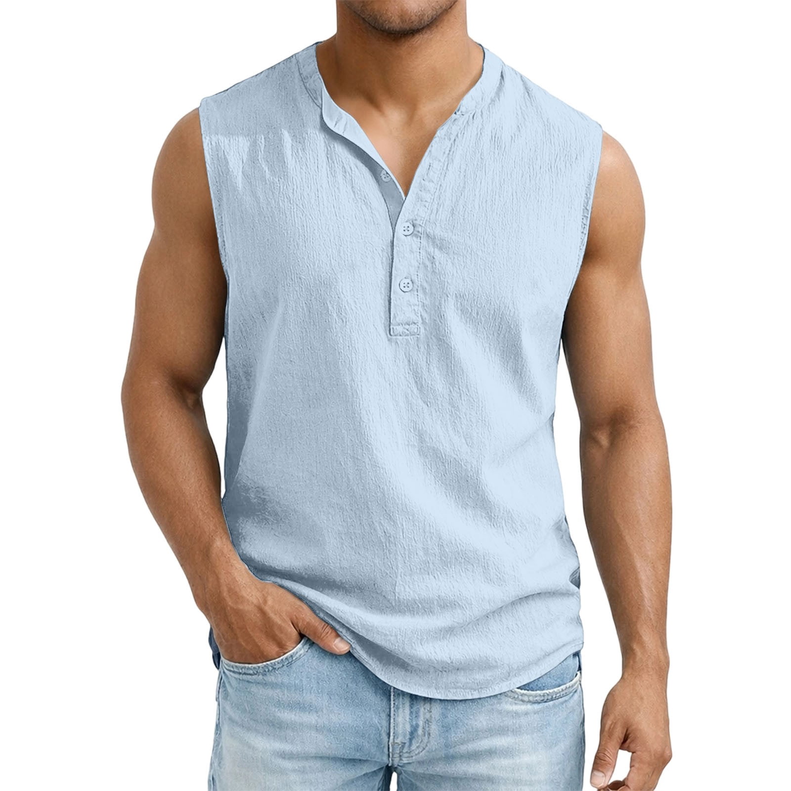 biudgviw Mens Henley Tank Tops Cotton Linen Sleeveless Shirts ...
