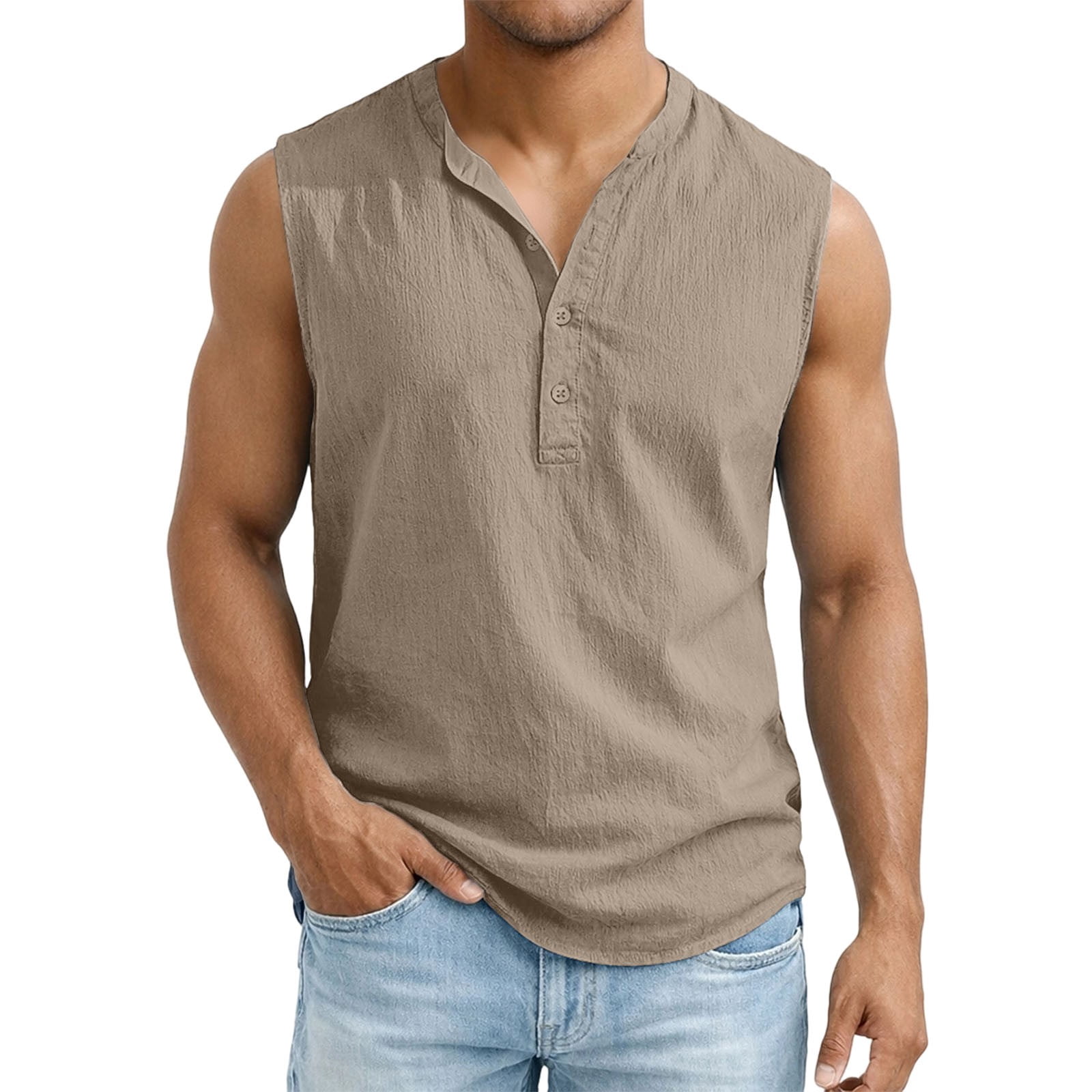 biudgviw Mens Henley Tank Tops Cotton Linen Sleeveless Shirts ...