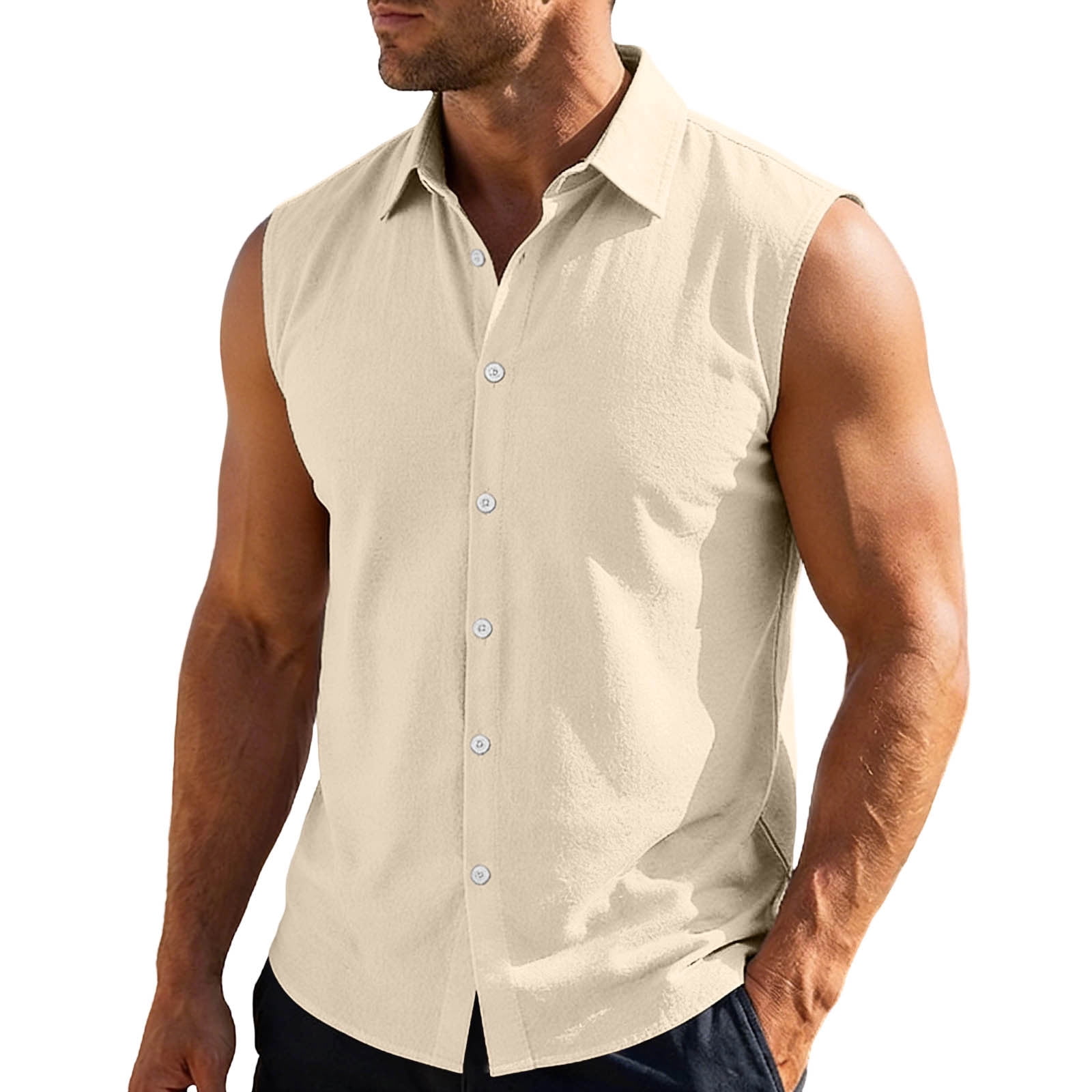 biudgviw Mens Sleeveless Button Down Shirts Casual Collared Workout ...