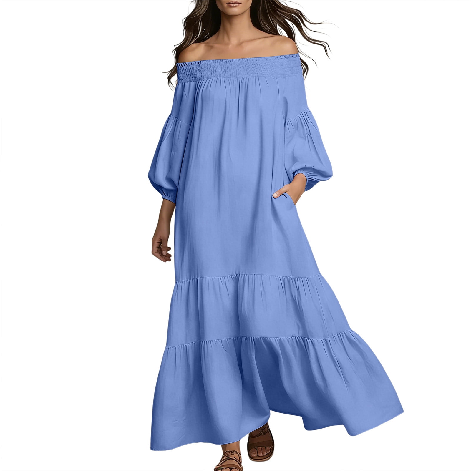 biudgviw Off Shoulder Dresses for Women Ruffle 3/4 Sleeve Maxi Dress ...