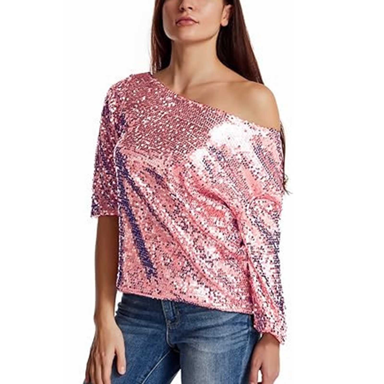 biudgviw One Shoulder Tops for Women Sequin Sparkly Glitter 3/4 Sleeve ...