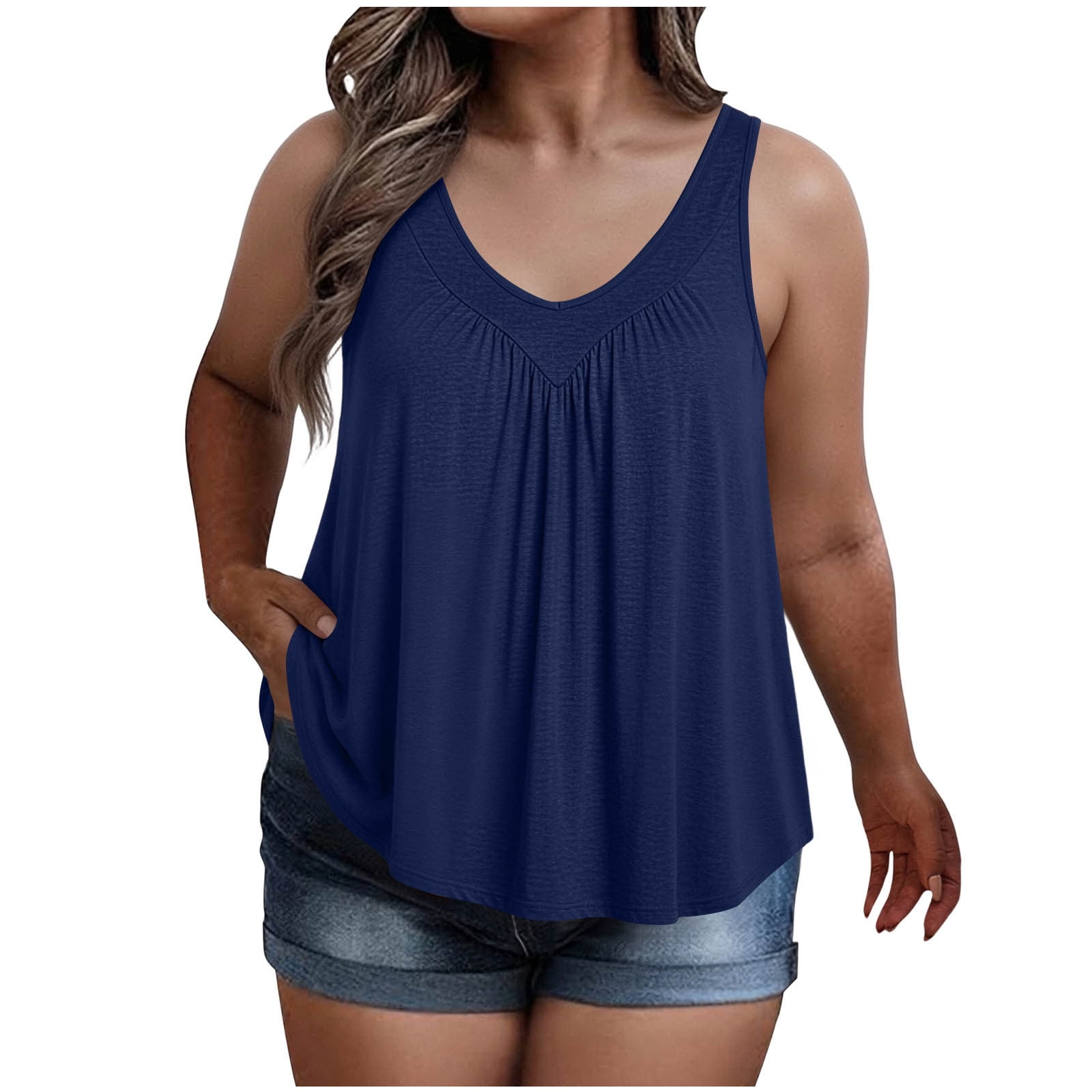 biudgviw Plus Size Tank Tops for Women Casual Pleated V Neck Sleeveless ...