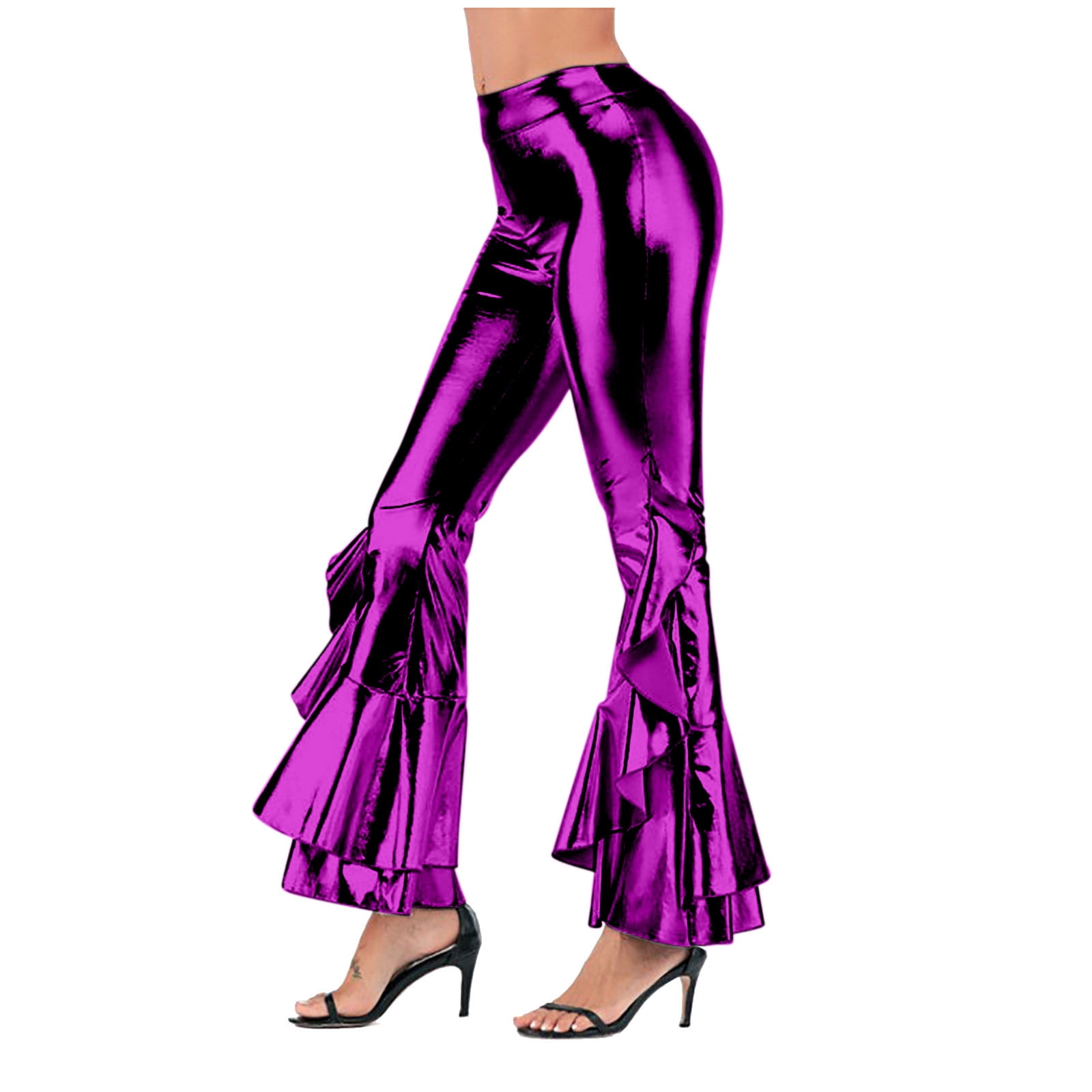 biudgviw Ruffle Flare Pants for Women High Waisted Pull on Bell Bottom ...