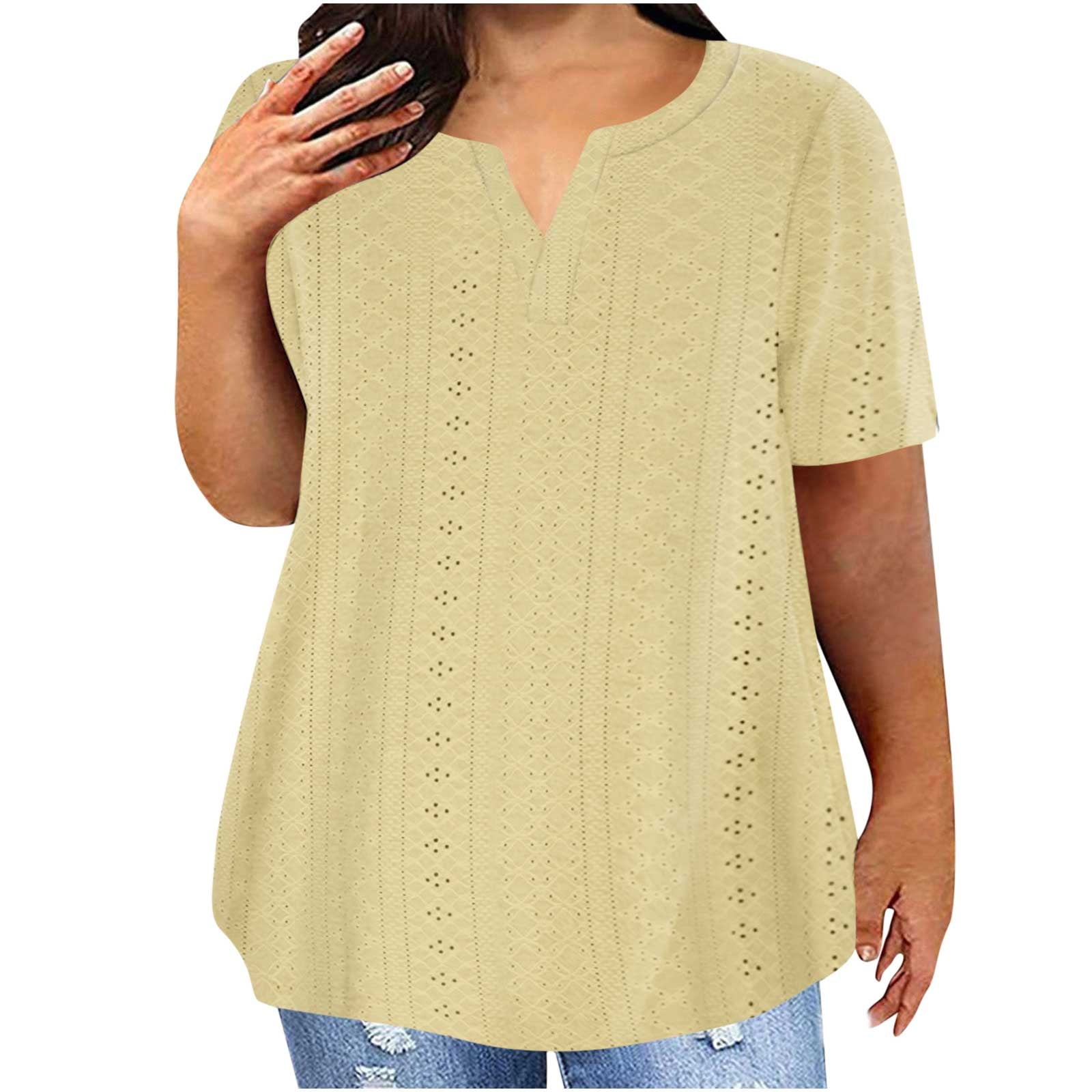 biudgviw Short Sleeve Shirts for Women Boho V Neck Eyelet Tops Flowy ...