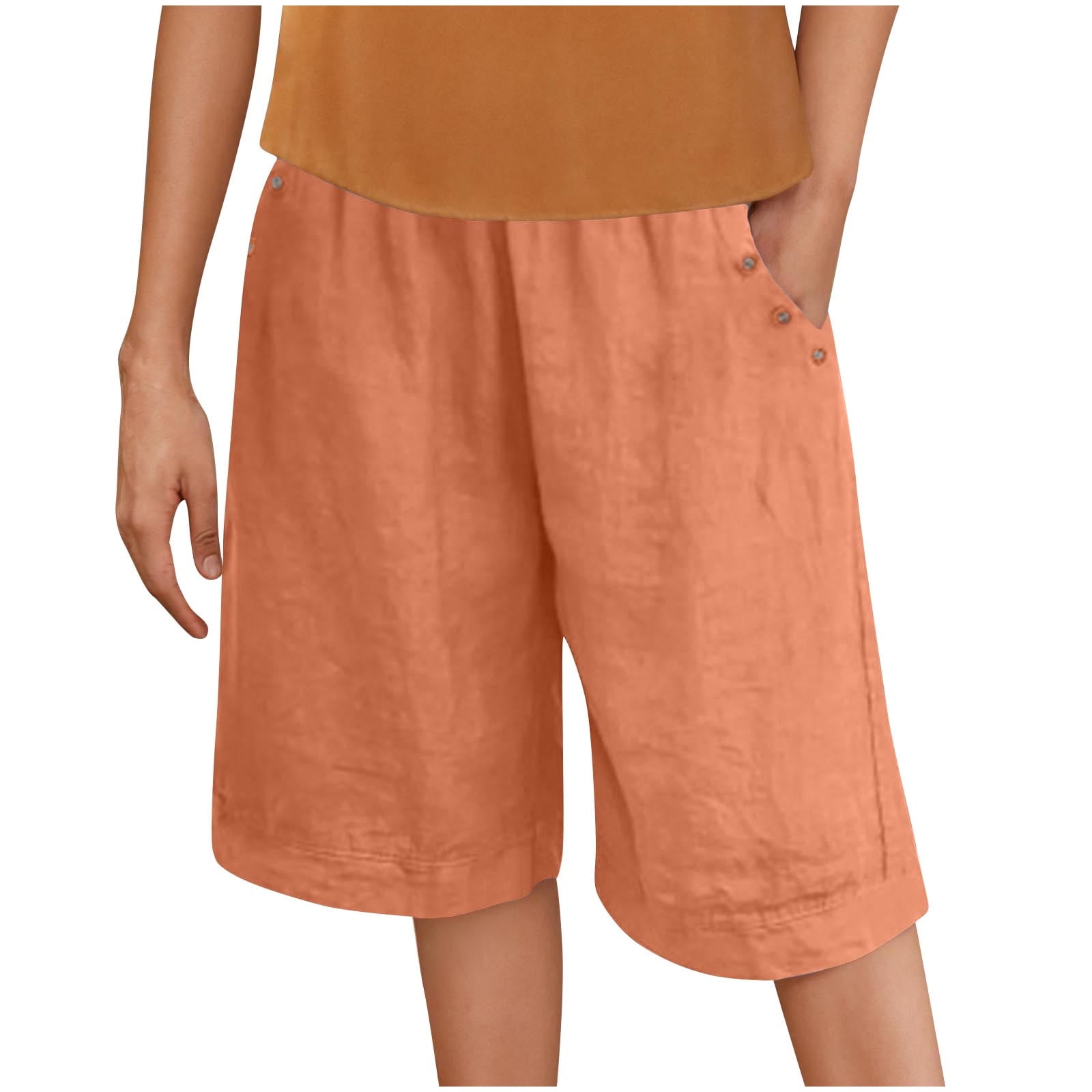 biudgviw Shorts for Women Cotton Linen Button Elastic Waist Knee Length ...