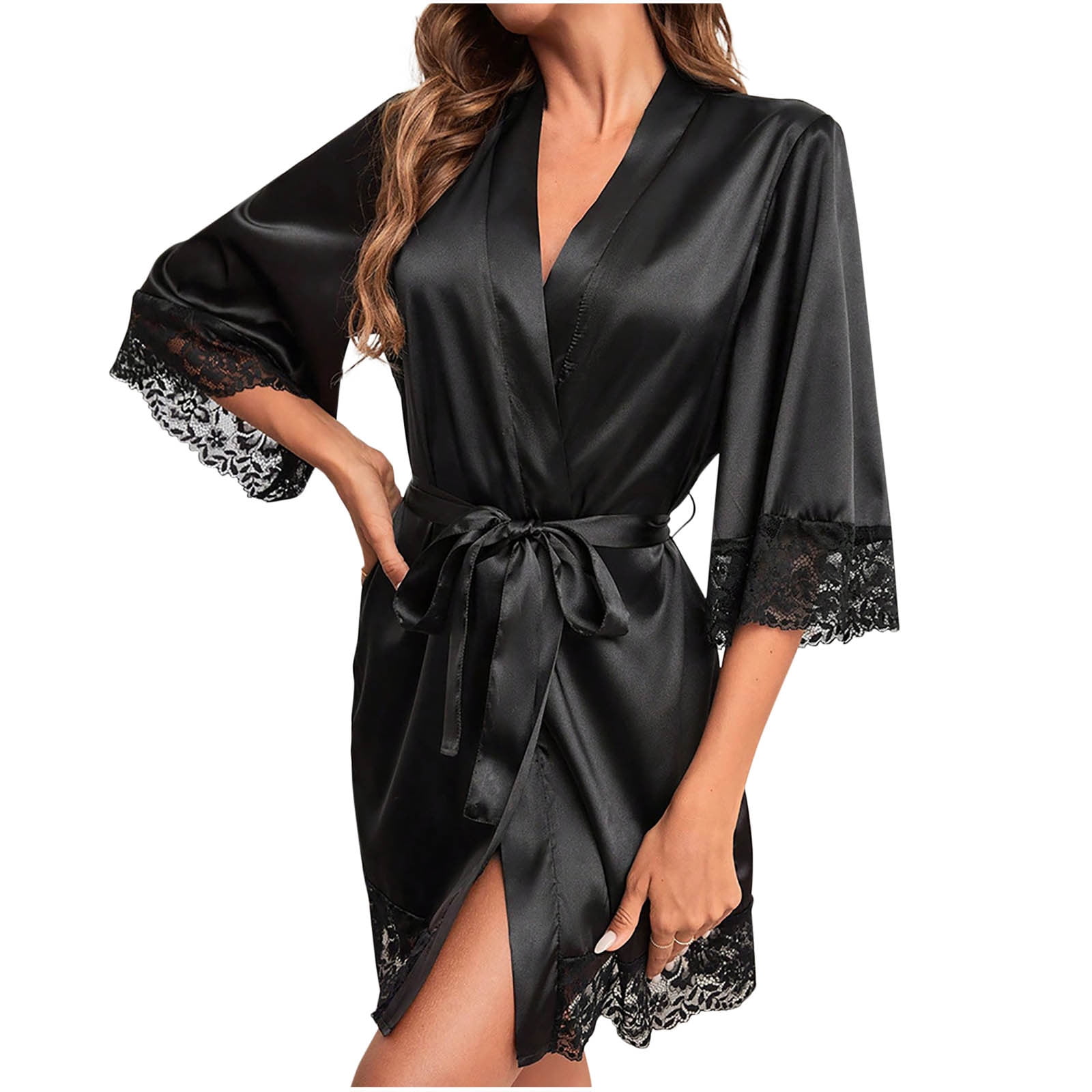 Biudgviw Silk Robes For Women Lace Trim Satin Bathrobe Loose Casual