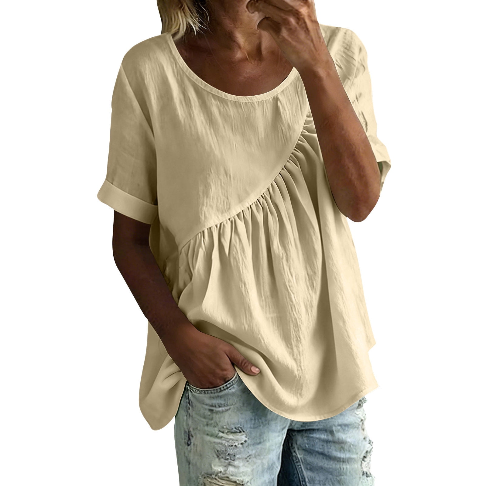 biudgviw Summer Tops for Women Pleated Short Sleeve Shirts Casual Loose ...