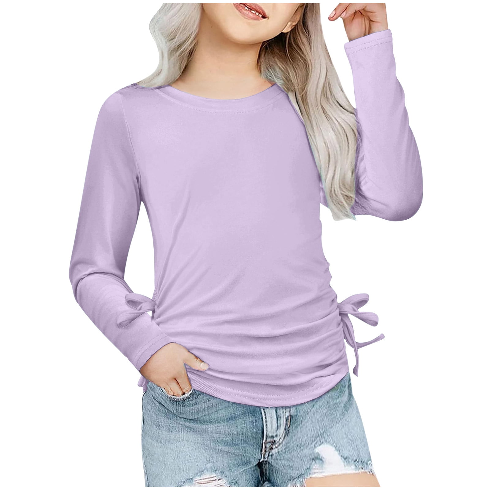 biudgviw Toddler Girls Long Sleeve Shirts Pleated Knot Side Casual ...
