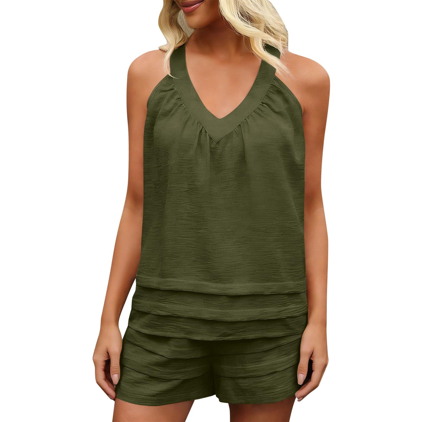 biudgviw Two Piece Short Sets for Women Summer V Neck Sleeveless Tank ...