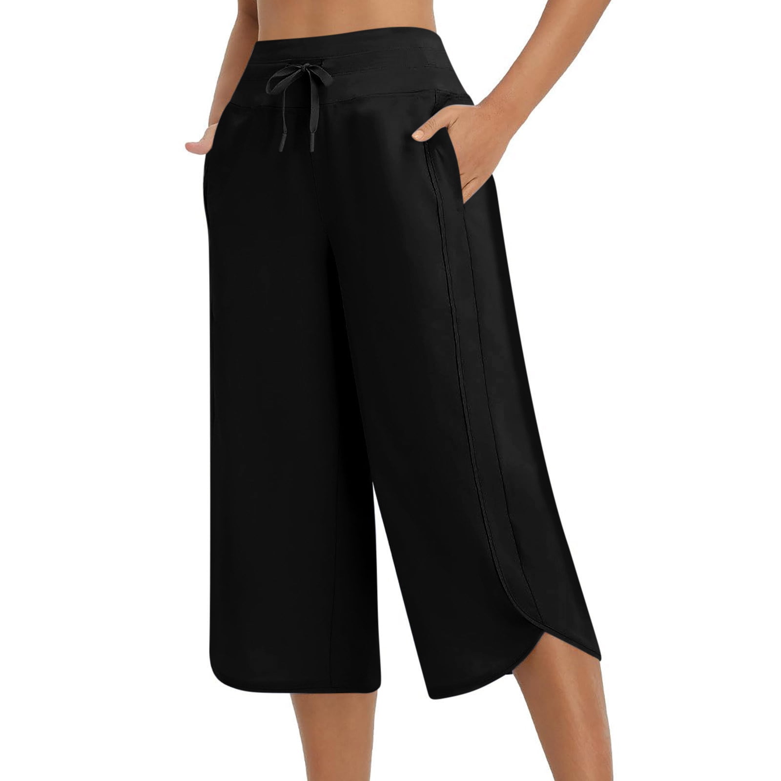 biudgviw Wide Leg Capri Pants for Women Drawstring Pull on Dress Pants ...