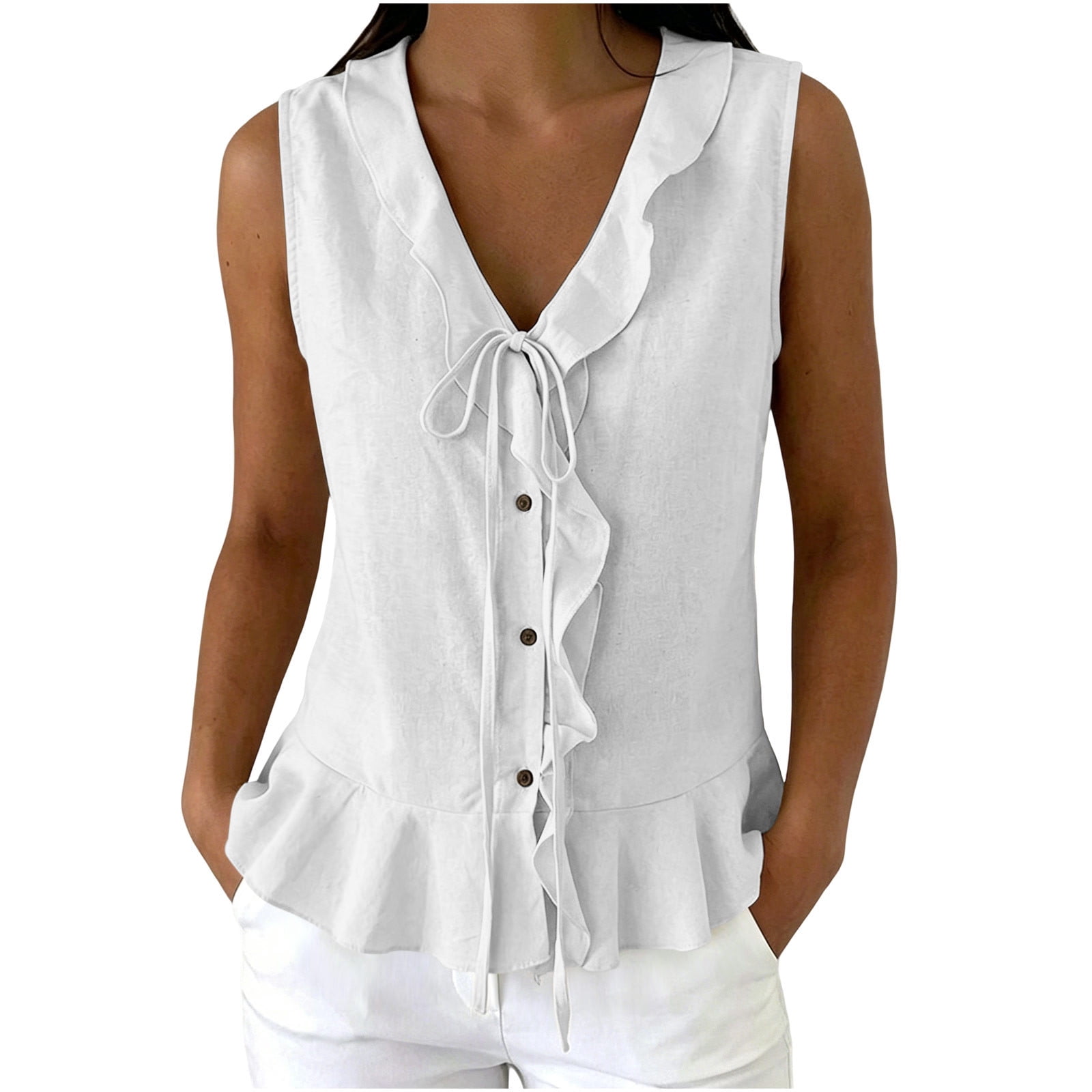 biudgviw Women's Button Down Tank Tops Fashion Ruffle Hem Casual ...