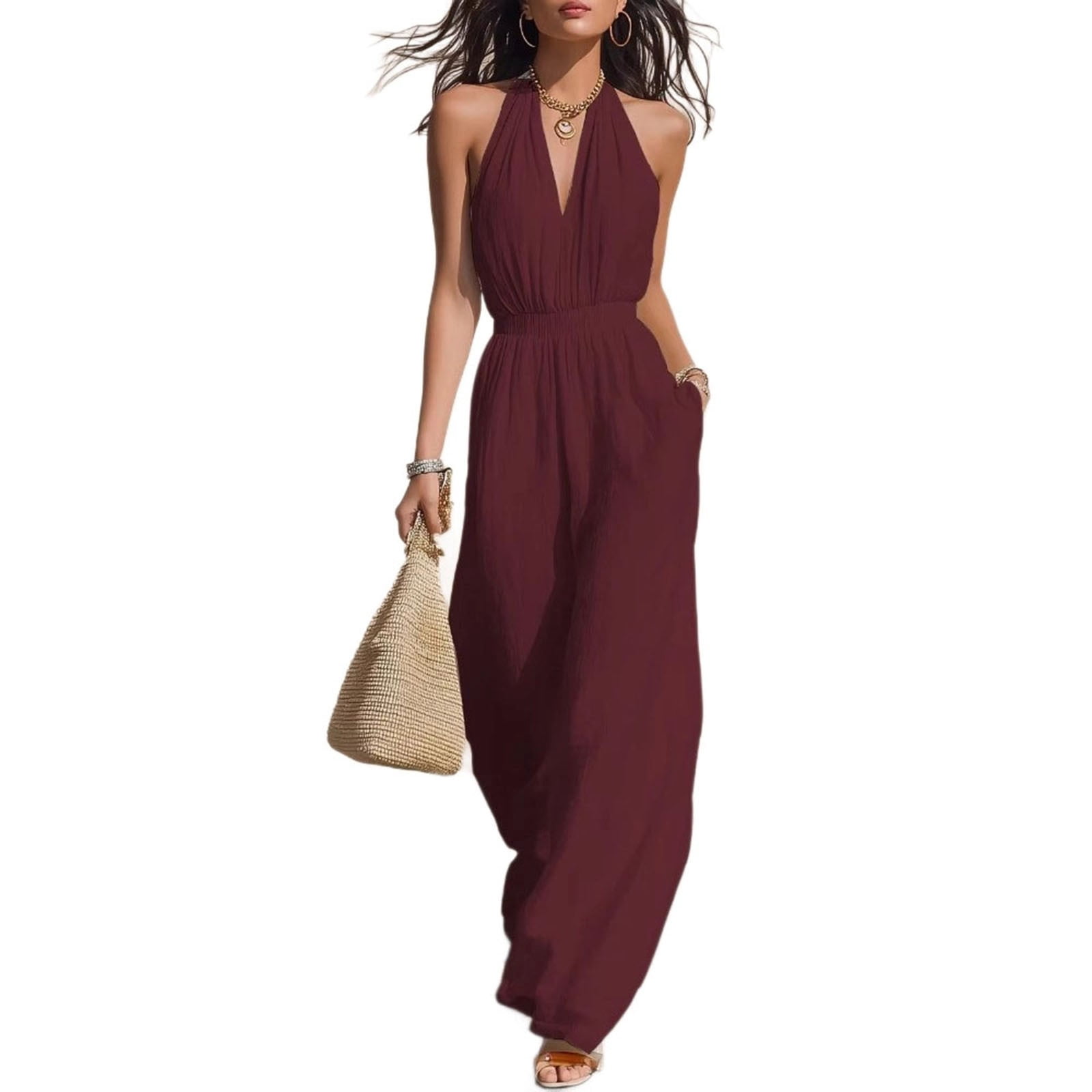 biudgviw Women's Halter Jumpsuits Casual V Neck Sleeveless Ruched ...