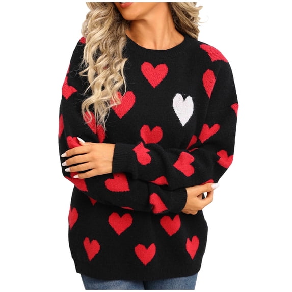 biudgviw Women's Heart Print Sweater Color Block Drop Shoulder Long ...