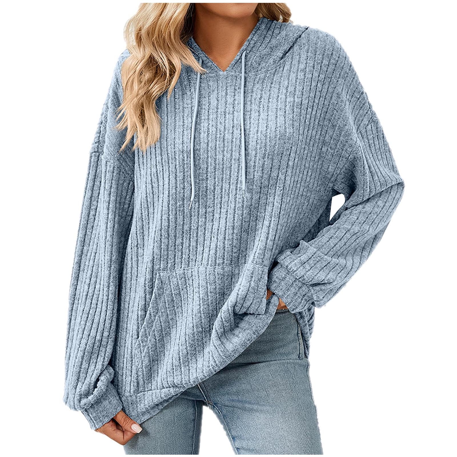 biudgviw Women's Hoodies for Fall Winter Loose Ribbed Knit Drawstring ...